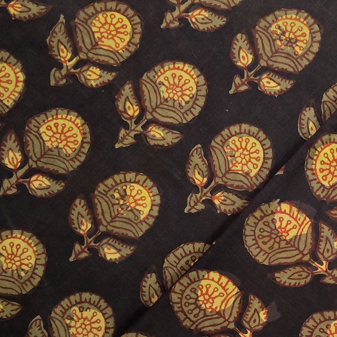 Pure Cotton Bagru Black With Mustard And Brown Flower Motif Hand Block ...