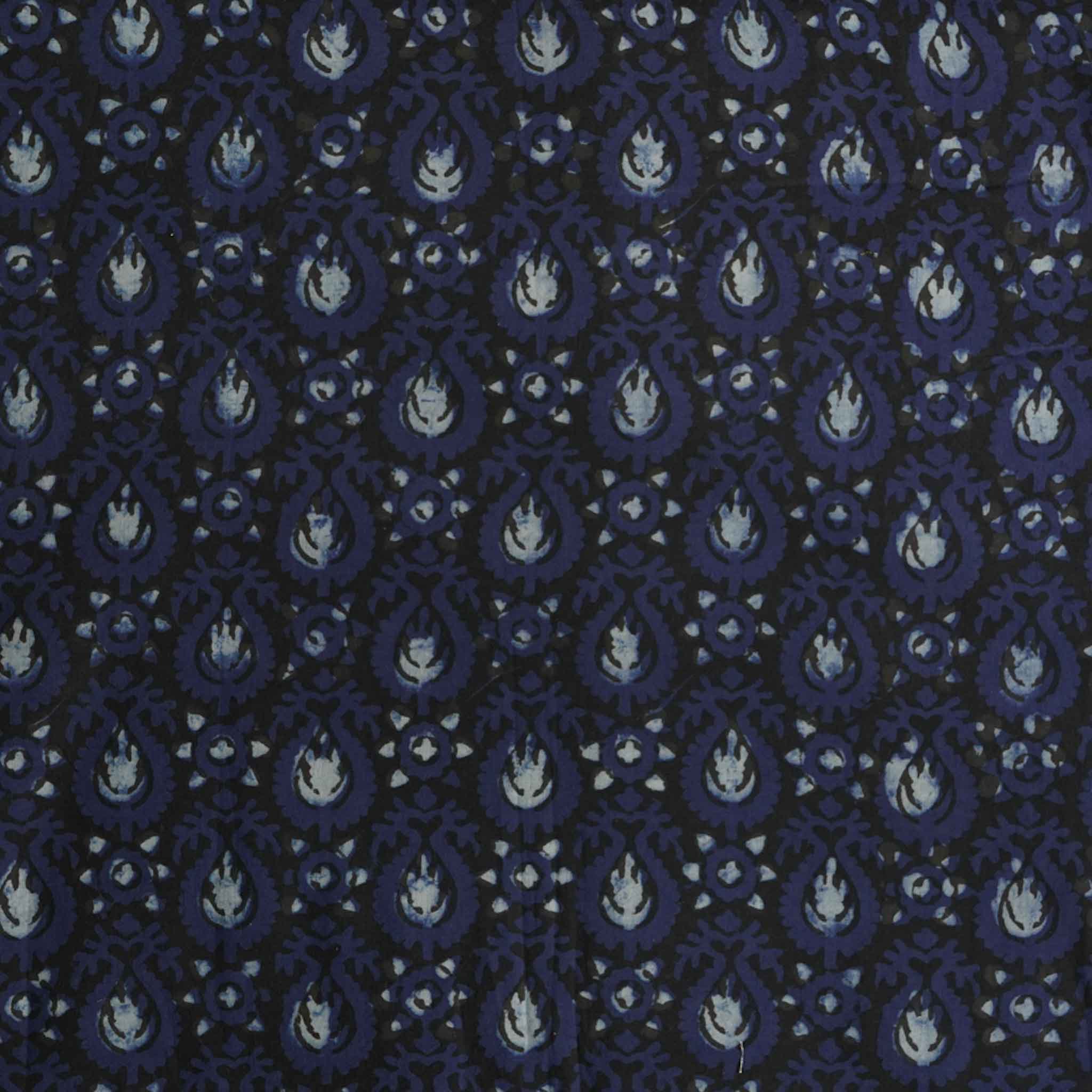 (PRE-CUT 1.90 METER) Pure Cotton Bagru Dull Black With Cream And Blue ...