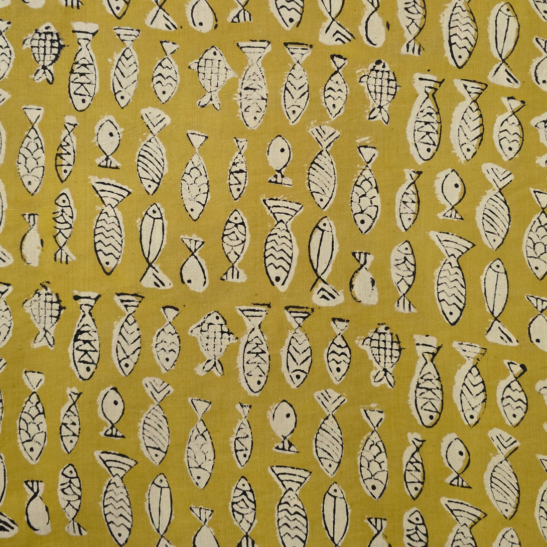 ( Pre-Cut 1.64 Meter )Pure Cotton Bagru Mustard With Cream Fish Hand B ...