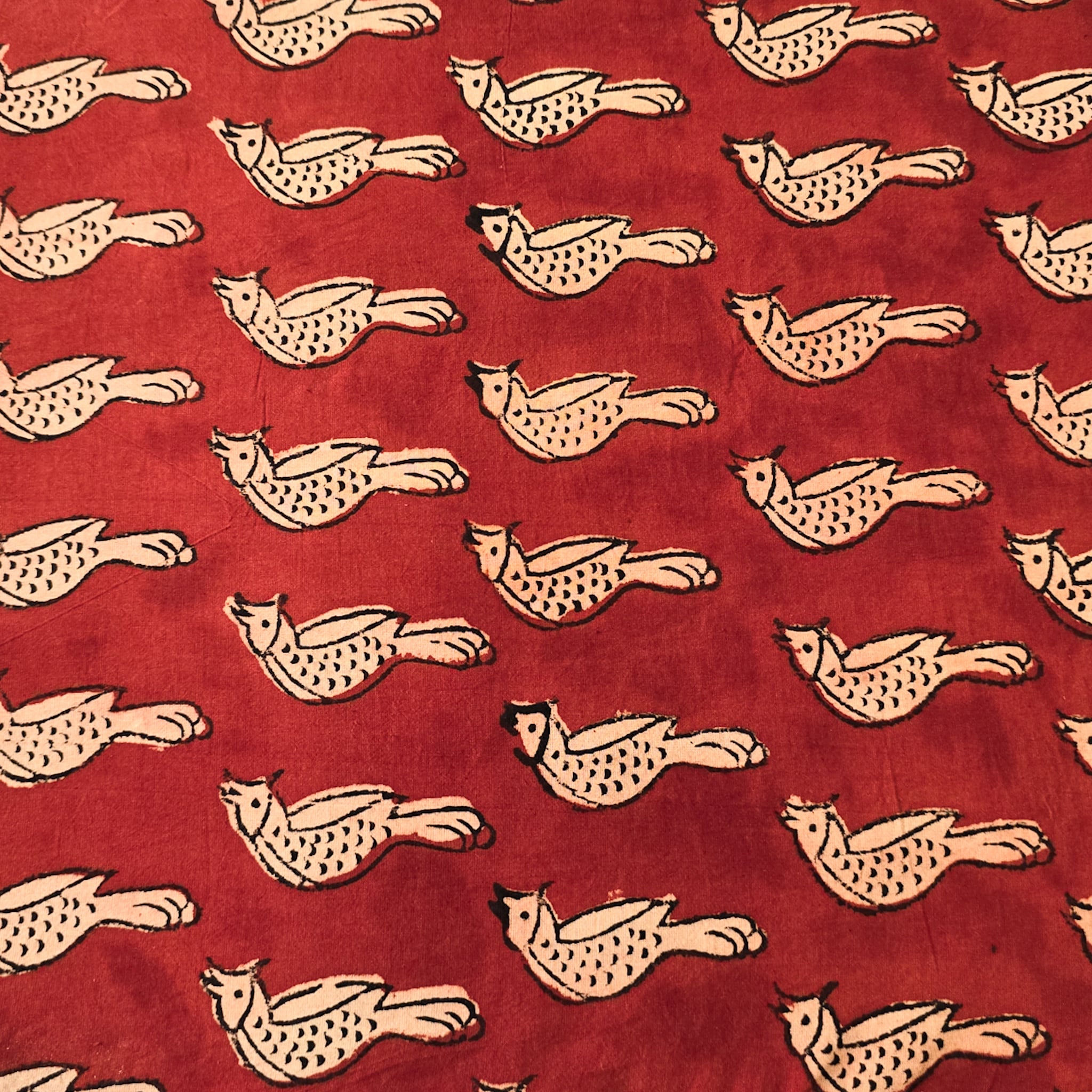 Pure Cotton Bagru Rust Red With Cream Birds Hand Block Print Fabric ...