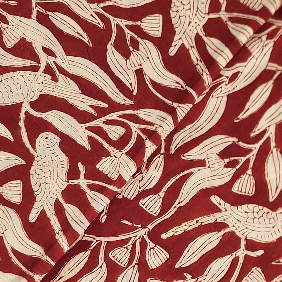 Pure Cotton Bagru Rust Red With Cream Birds Jaal Hand Block Print Fabr ...