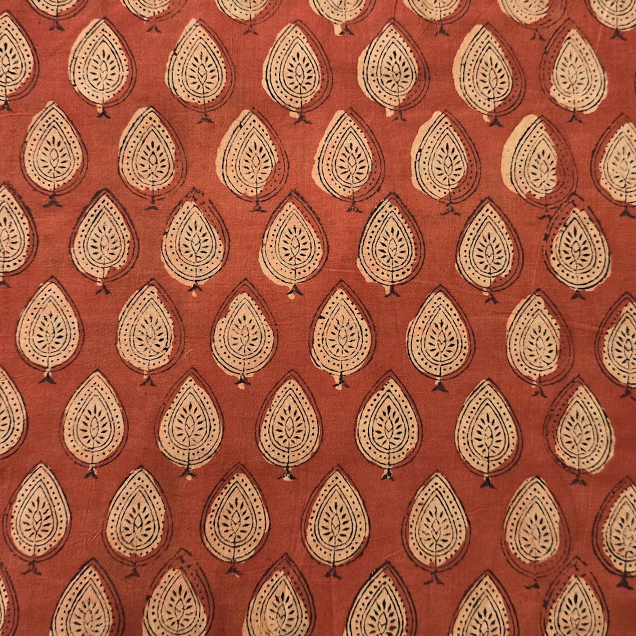 Pure Cotton Bagru Rust Red With Cream Leafs Motif Hand Block Print Fab ...