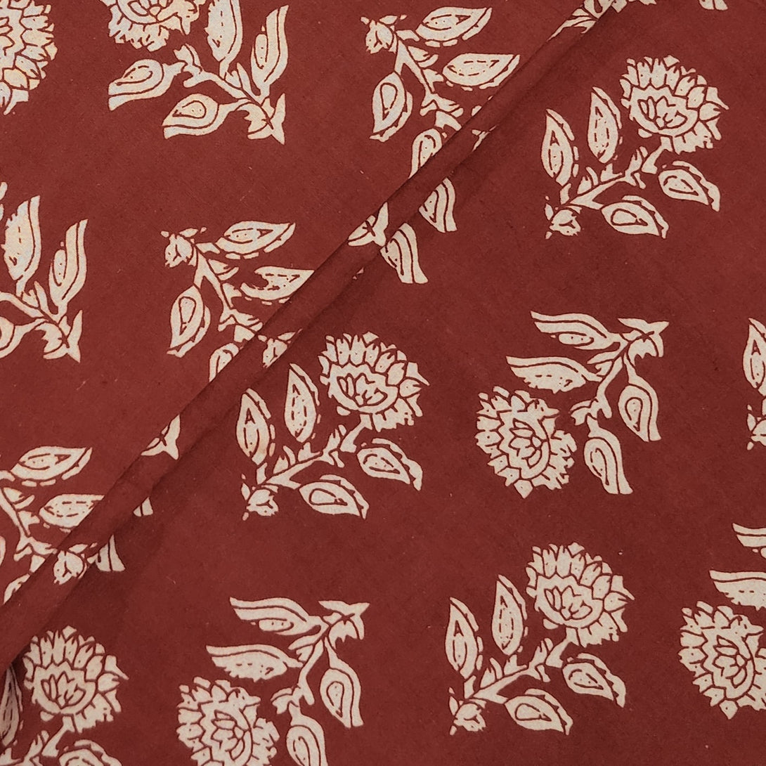 Pure Cotton Bagru Rust Red With Cream Rose Motif Hand Block Print Fabr ...