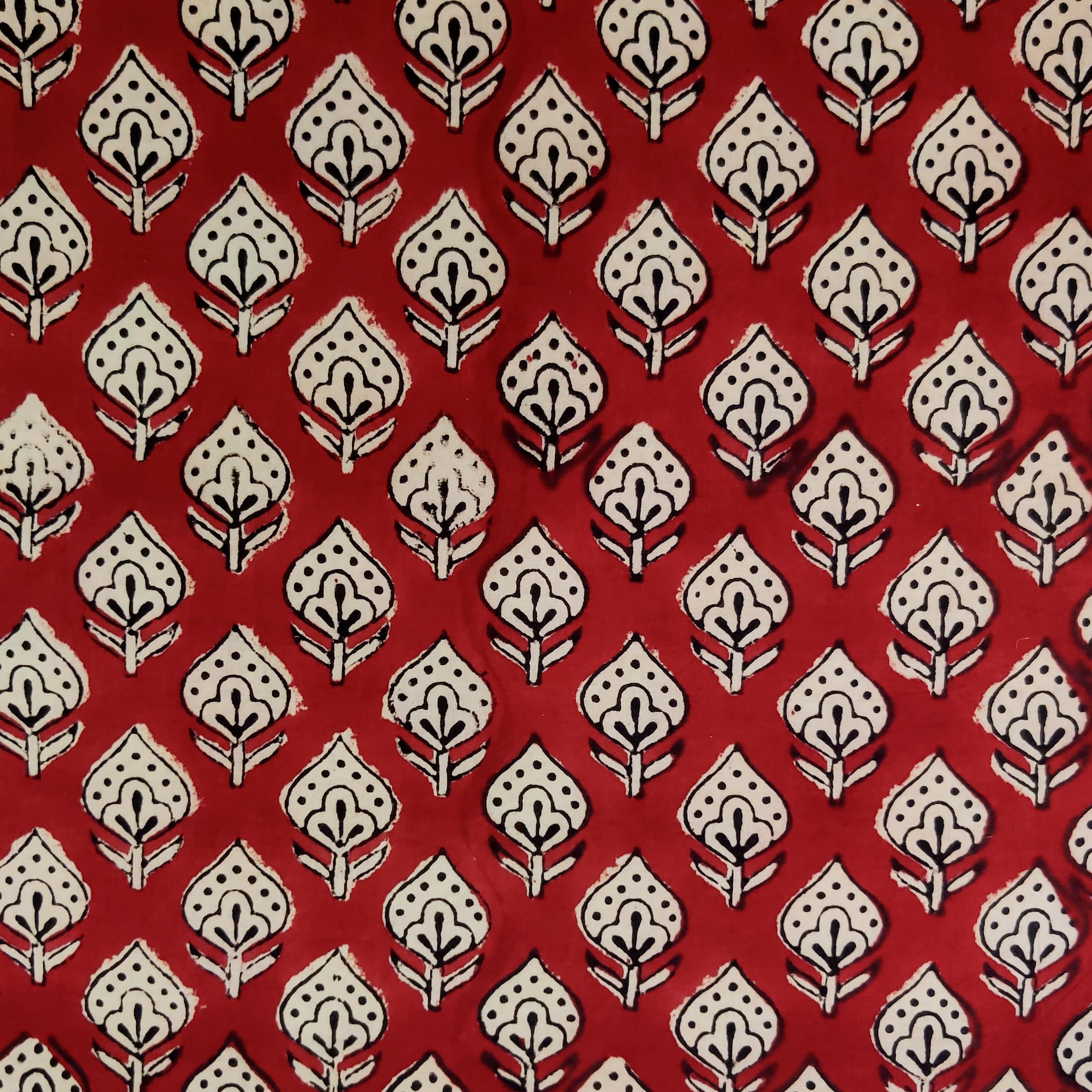 Pre Cut (1 Meter) Pure Cotton Bagru Rust With Cream Leaves Motif Hand ...