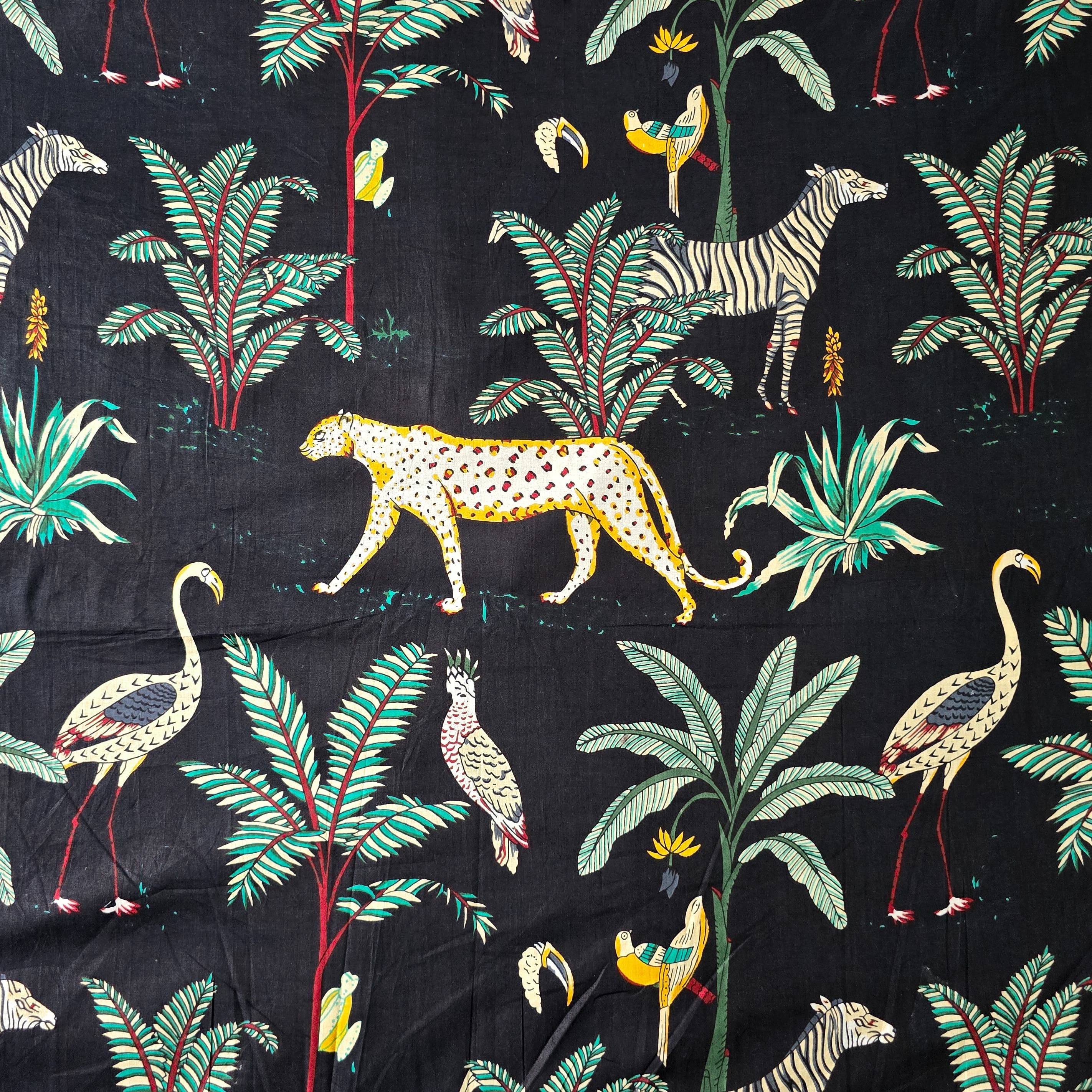 Pure Cotton Black Jungle With Animals Screen Print Fabrics – Sanskruti