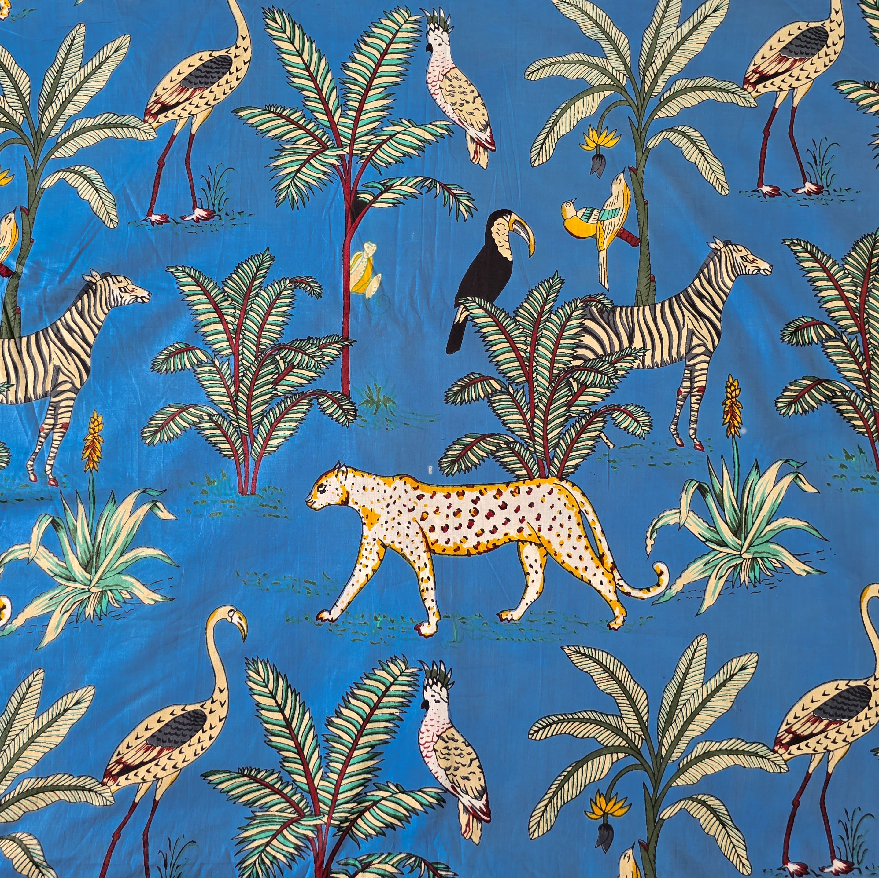 Pure Cotton Blue Jungle With Animal Screen Print Fabrics – Sanskruti