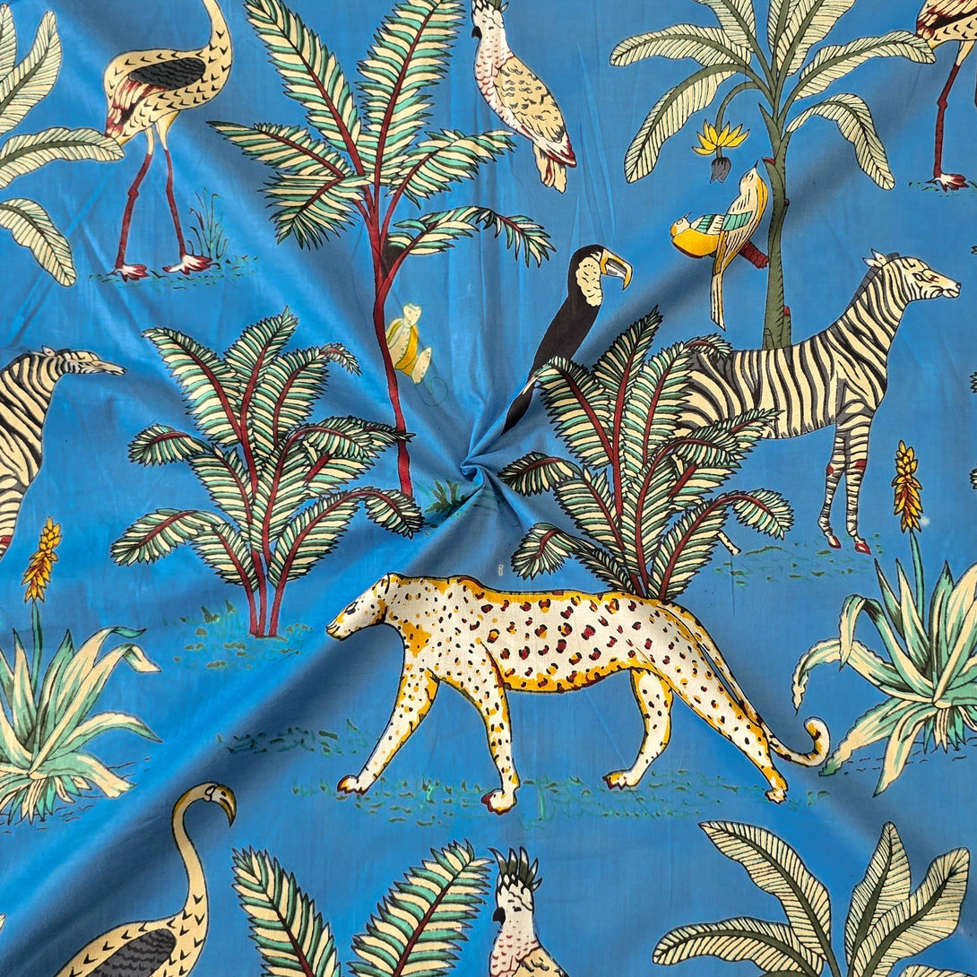 Pure Cotton Blue Jungle With Animal Screen Print Fabrics – Sanskruti