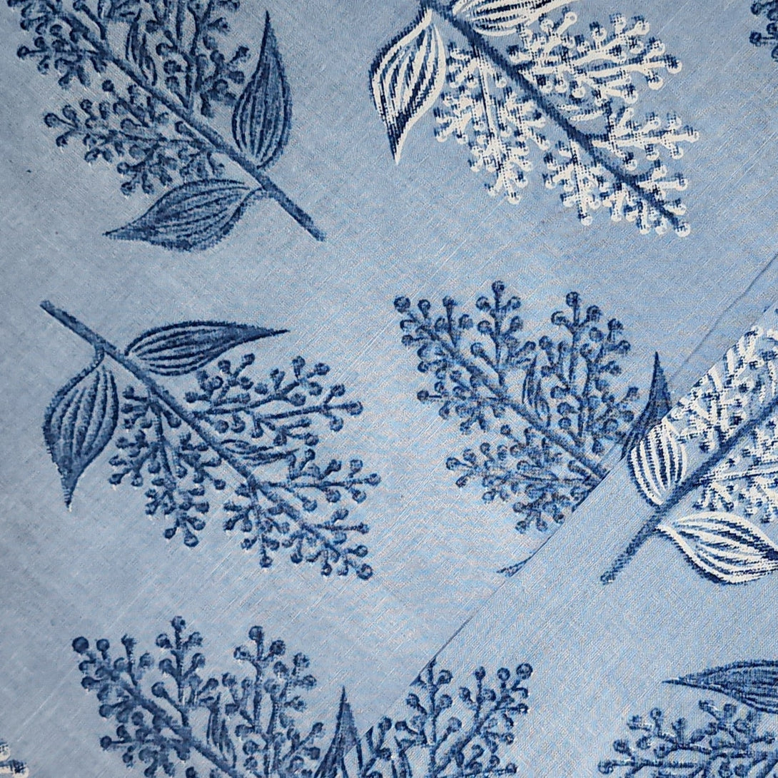 Pure Cotton Blue With Leaves Motif Screenprint Fabric – Sanskruti