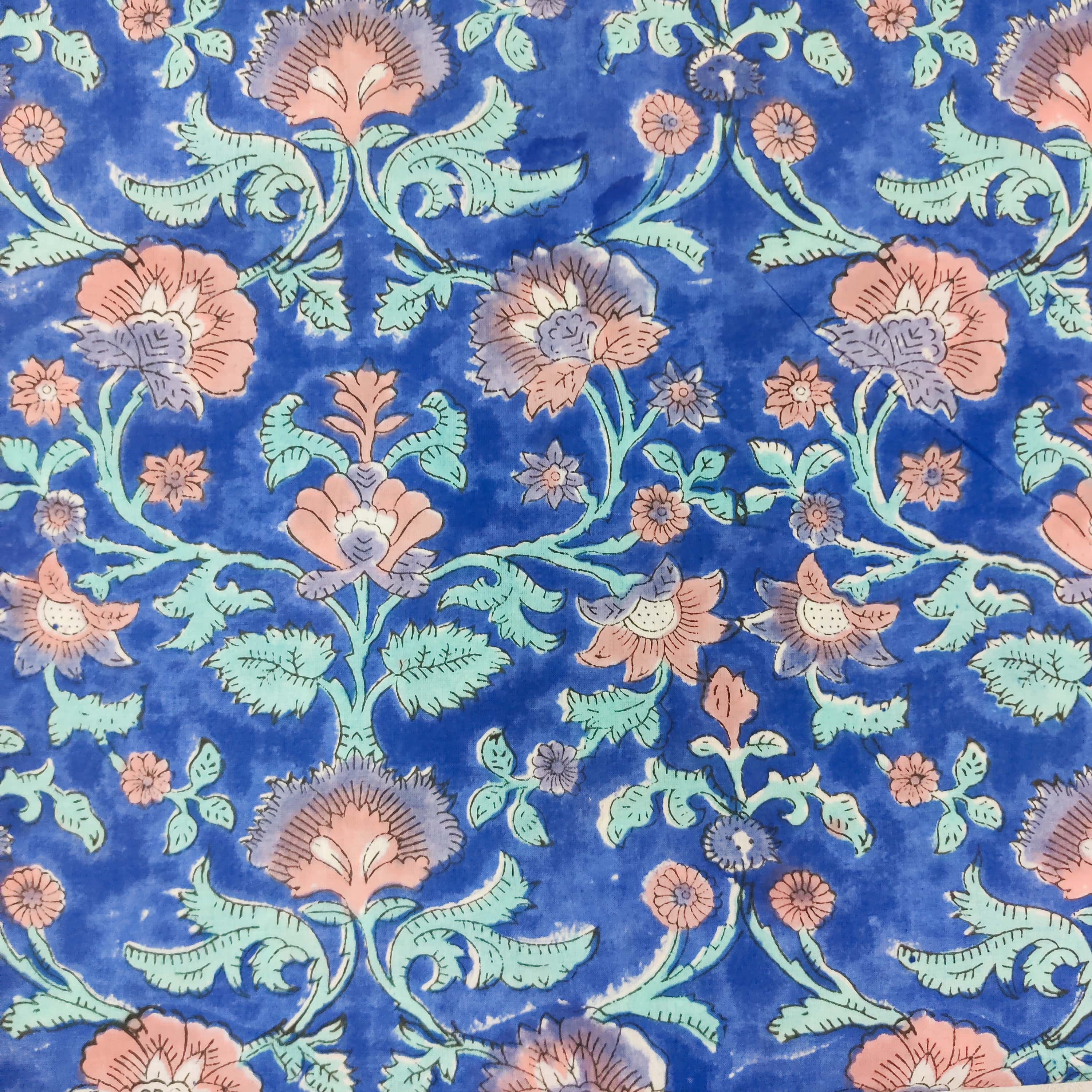 Pure Cotton Blue With Orange Jungle Flower Jaal Jaipuri Hand Block Pri ...