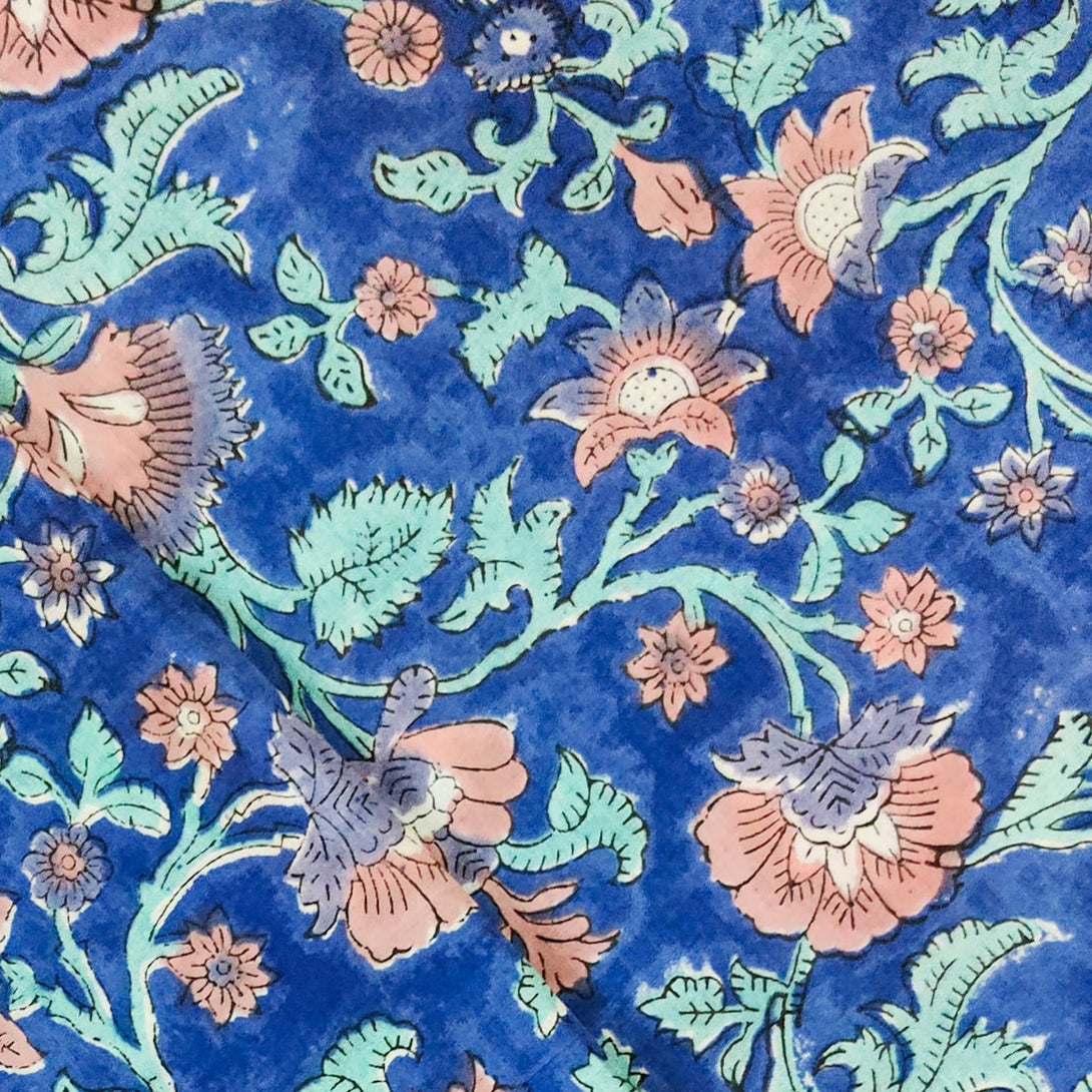 Pure Cotton Blue With Orange Jungle Flower Jaal Jaipuri Hand Block Pri ...