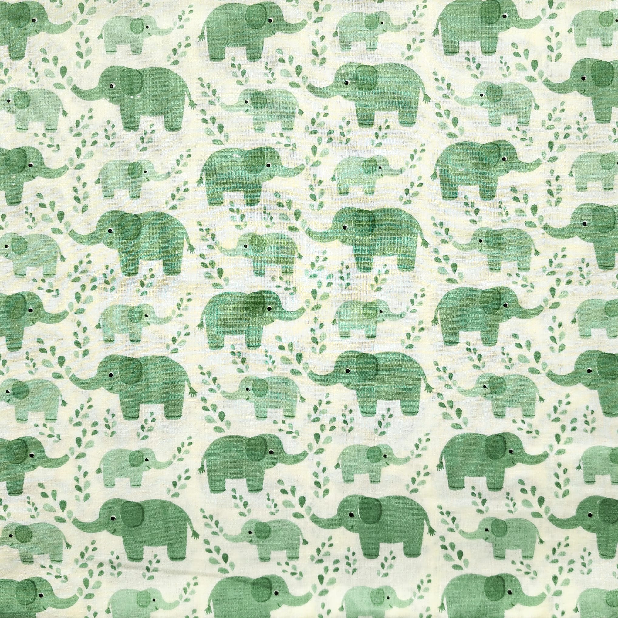 Pure Cotton Cream With Green Elephants Screen Print Fabric – Sanskruti