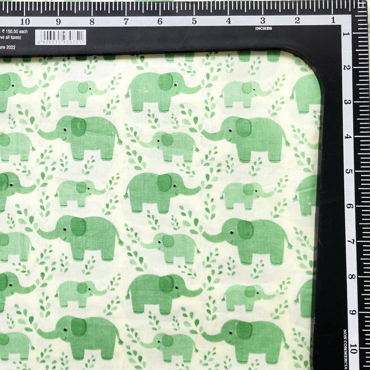 Pure Cotton Cream With Green Elephants Screen Print Fabric – Sanskruti