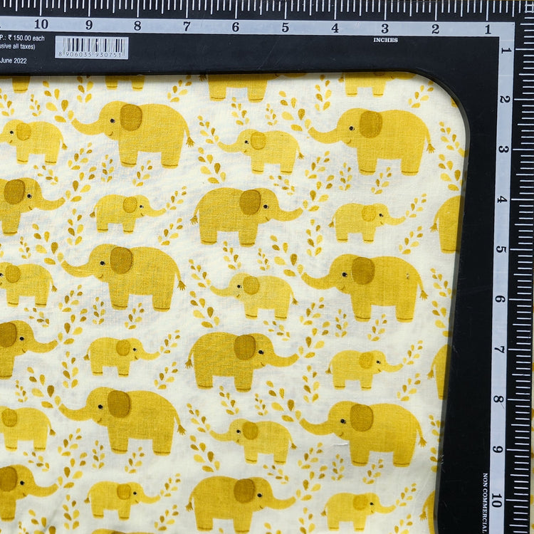 Pure Cotton Cream With Yellow Elephants Screen Print Fabric – Sanskruti