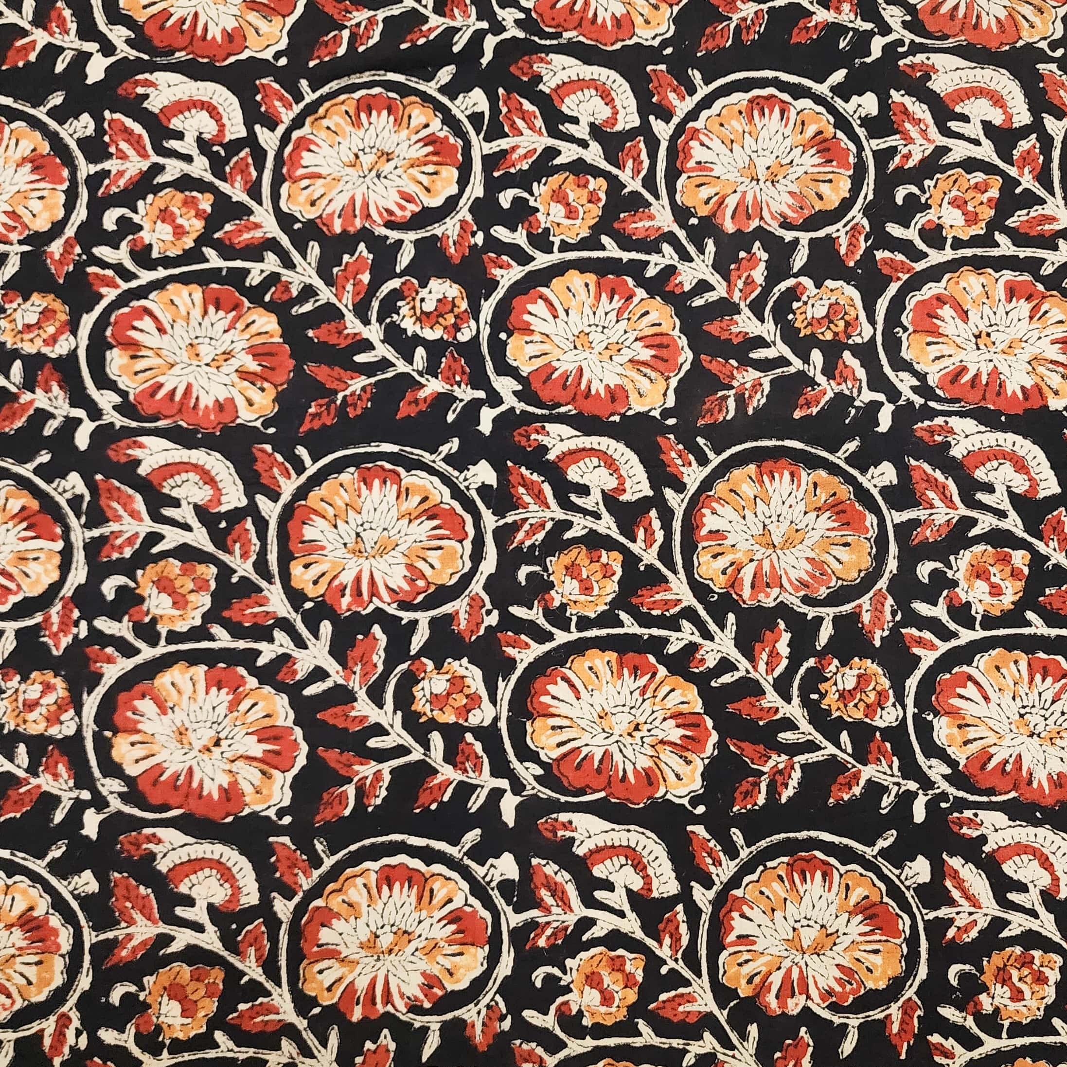 ( Pre-Cut 1.90 Meter ) Pure Cotton Dabu Black With Rust And Cream Flow – Sanskruti