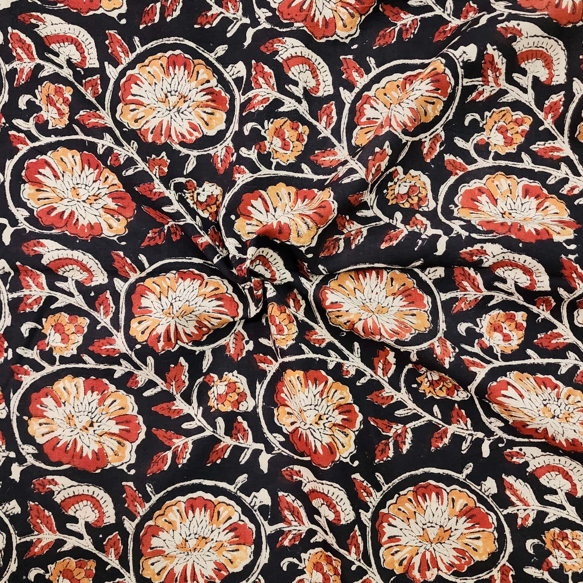 ( Pre-Cut 1.90 Meter ) Pure Cotton Dabu Black With Rust And Cream Flow – Sanskruti