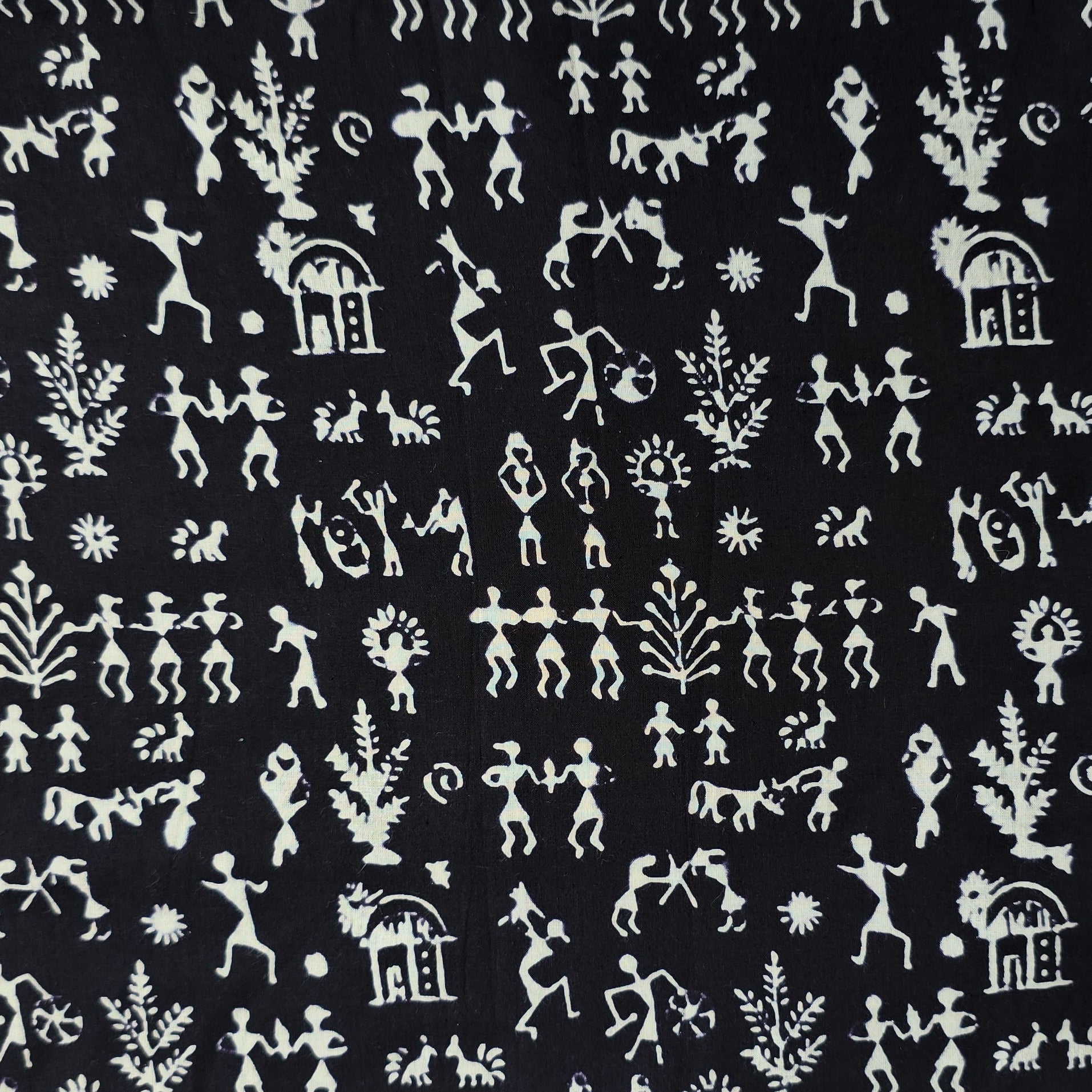 Pure Cotton Dabu Black With White Warli Village Hand Block Print Fabri ...