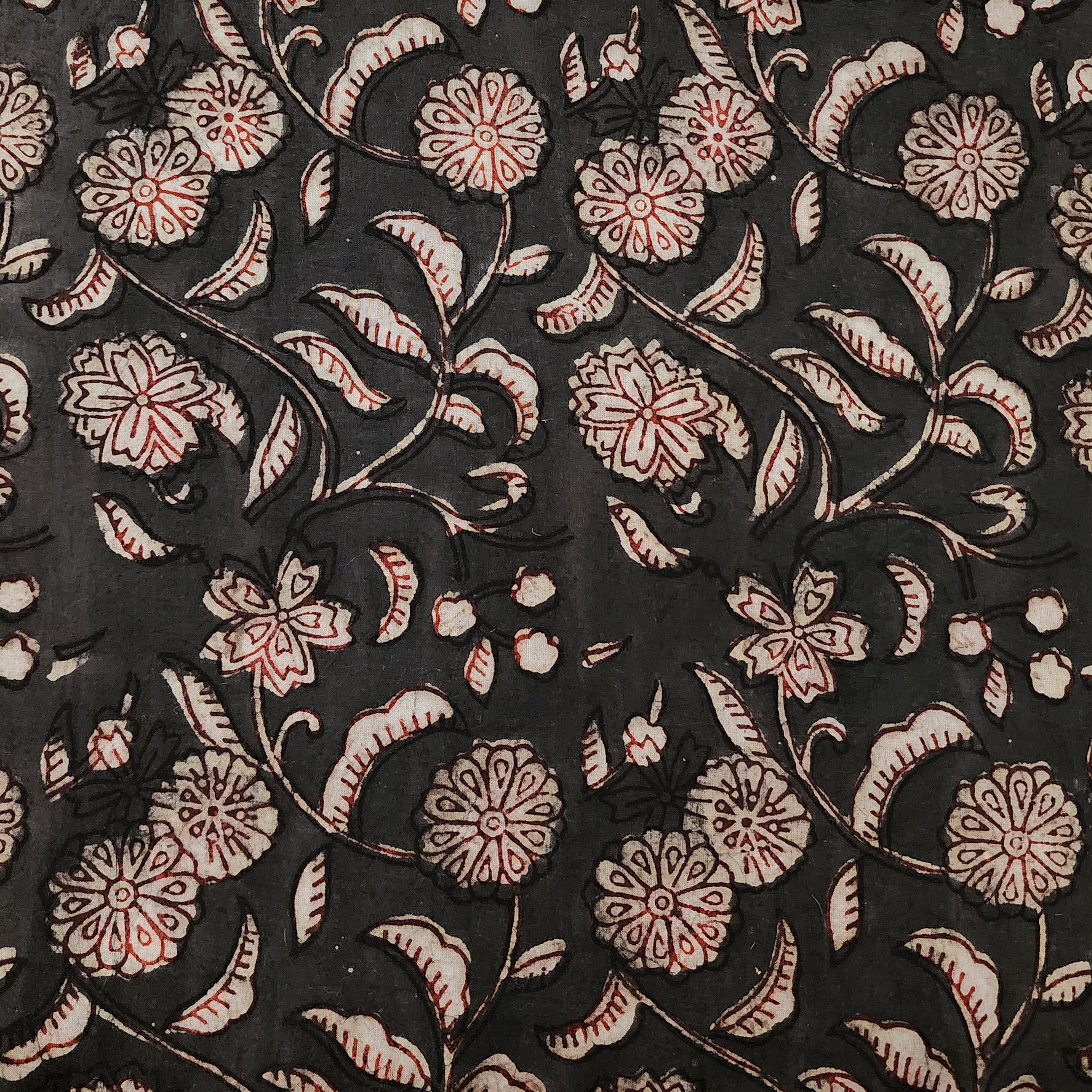 Pure Cotton Dabu Dark Brown And Cream Jungle Flower Jaal Hand Block Pr ...