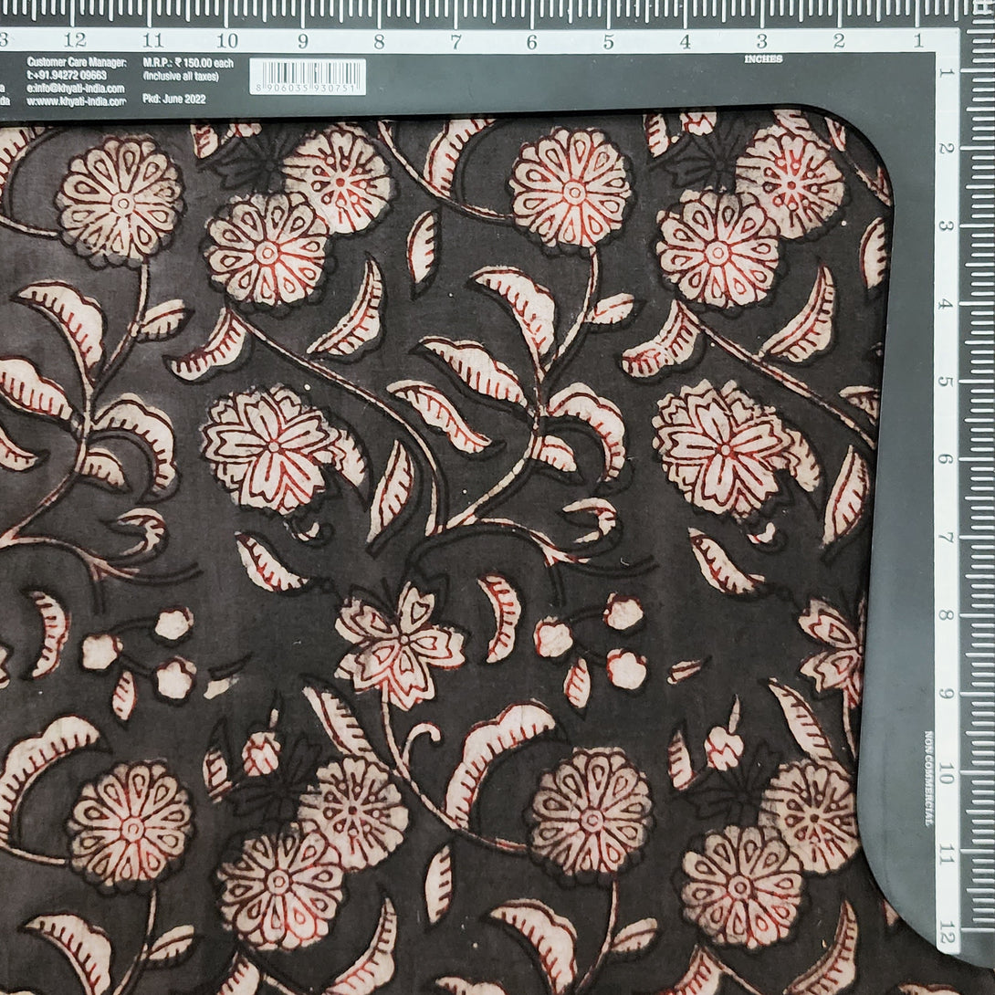 Pure Cotton Dabu Dark Brown And Cream Jungle Flower Jaal Hand Block Pr ...