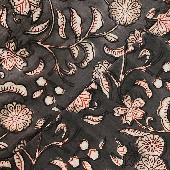 Pure Cotton Dabu Dark Brown And Cream Jungle Flower Jaal Hand Block Pr ...