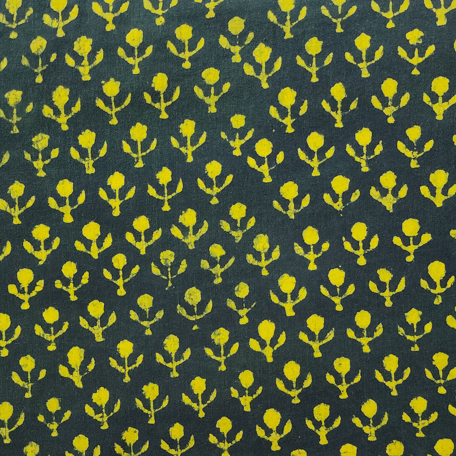 Pure Cotton Dabu Dark Green With Yellow Flower Motif Hand Block Print – Sanskruti