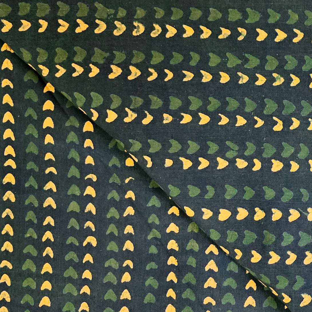 Pure Cotton Dabu Dark Green With Yellow Flower Motif Hand Block Print – Sanskruti
