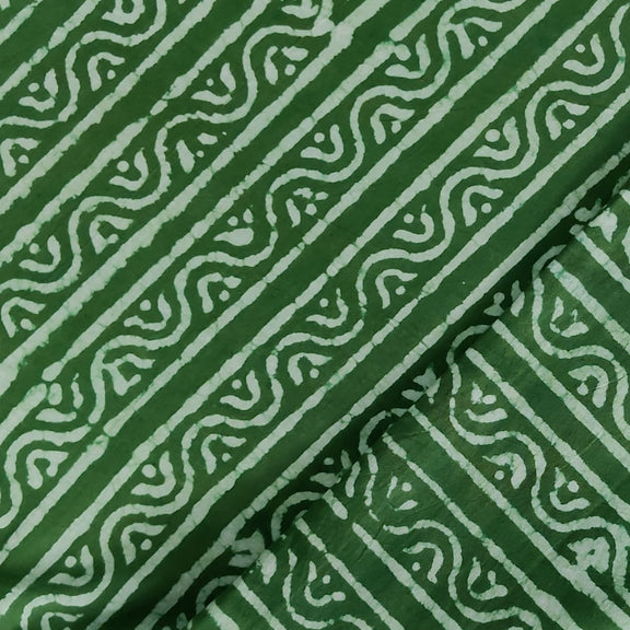( Pre-Cut 1.70 Meter ) Pure Cotton Dabu Green With Cream Border Hand B – Sanskruti