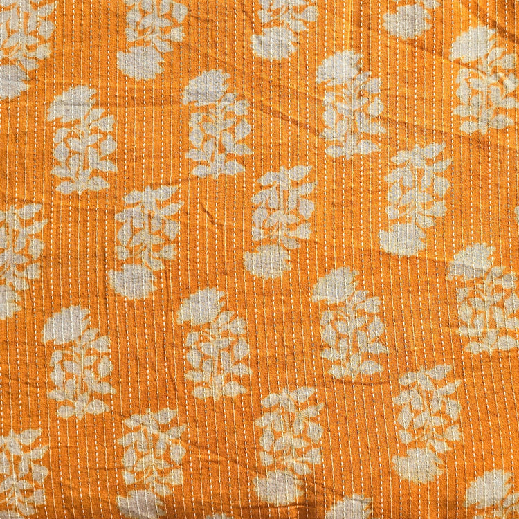 (PRE-CUT 0.80 METER)Pure Cotton Dabu Katha Light Orange With Cream Flo ...
