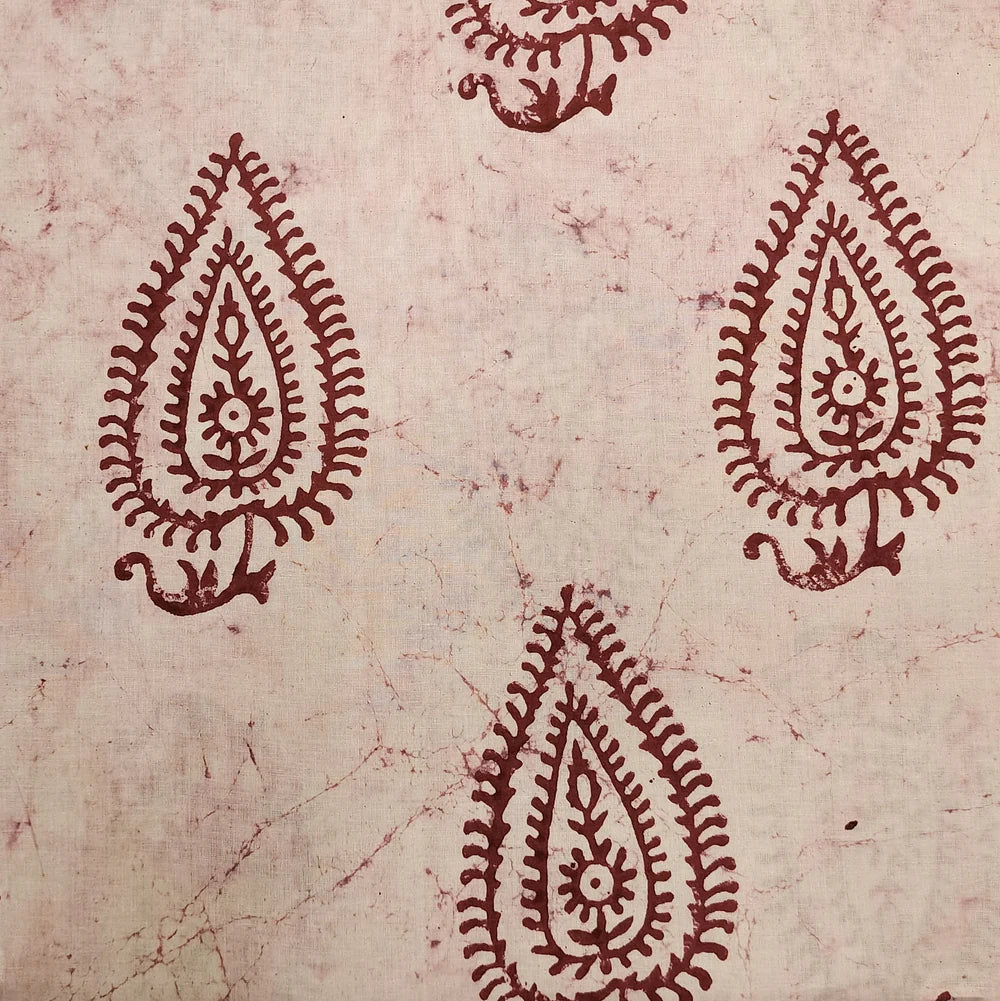 ( PRE-CUT 1.95 CM ) Pure Cotton Dabu Maroon Leaves Motif Hand Block Pr ...