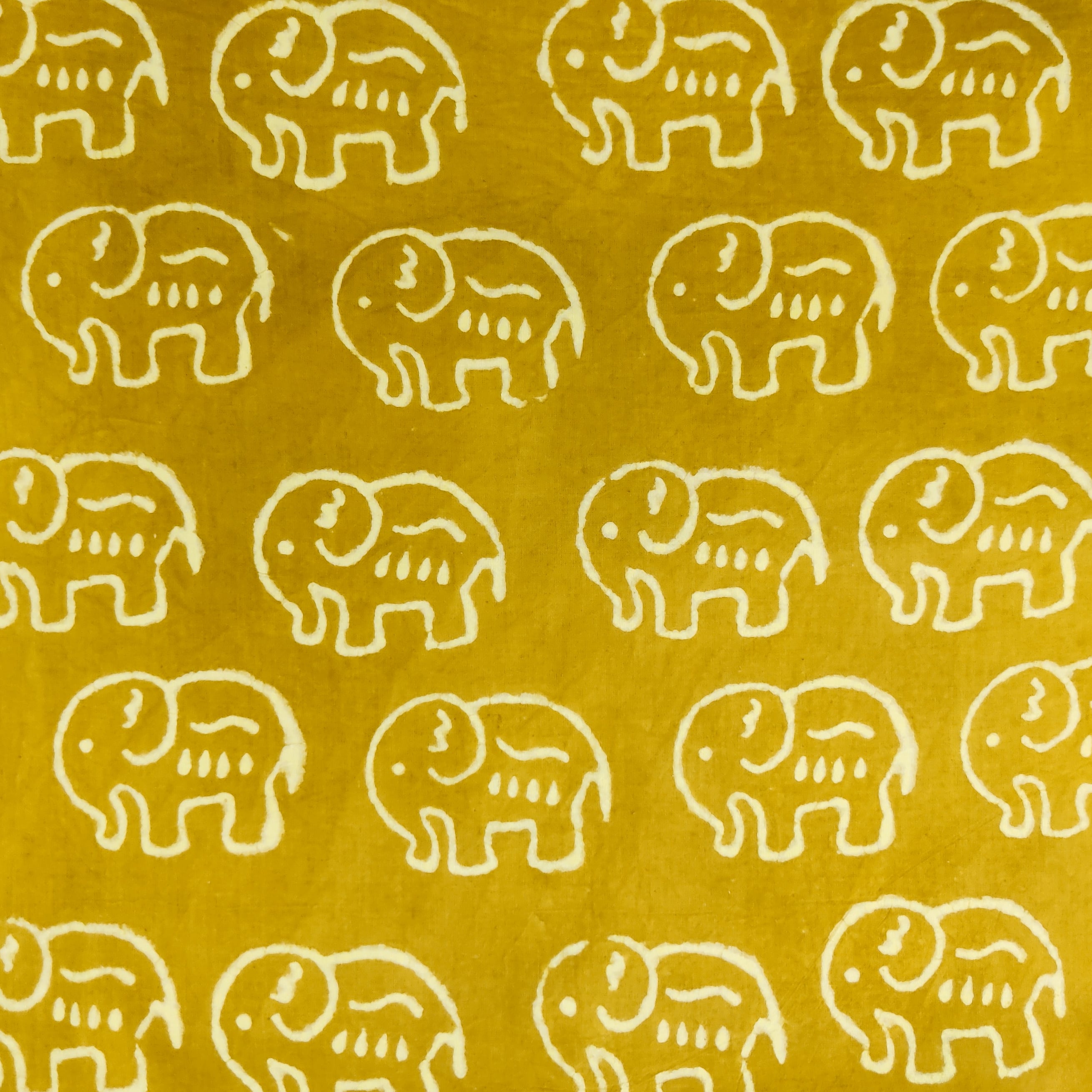 Pure Cotton Dabu Mustard With Cream Big Elephant Motif Hand Block Prin ...
