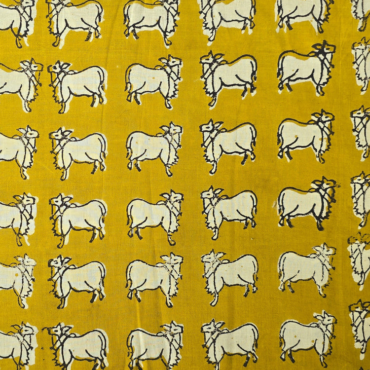 Pure Cotton Dabu Mustard With Cream Moo Design Hand Block Print Fabric ...