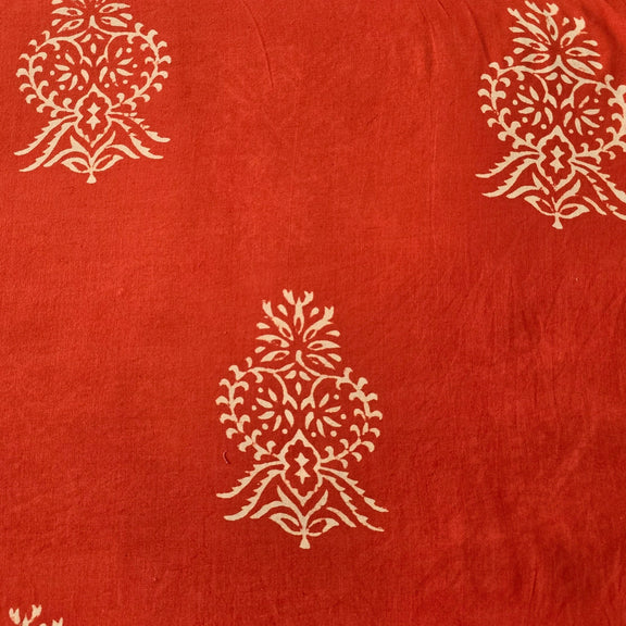 ( Pre-Cut 1.20 Meter ) Pure Cotton Dabu Orange Big Flower Motif Hand B – Sanskruti
