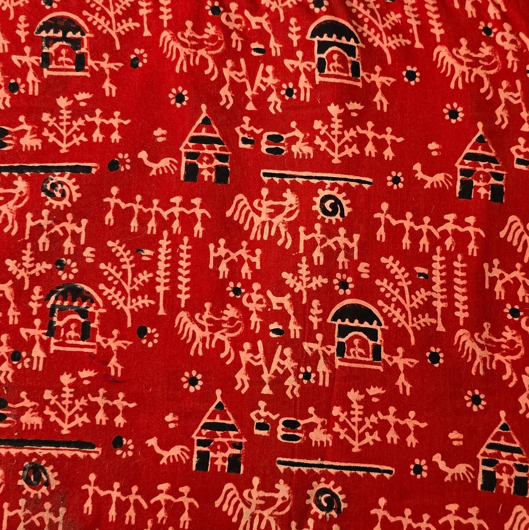 Pure Cotton Dabu Red With Black And Cream Warli Hand Block Print Fabri ...
