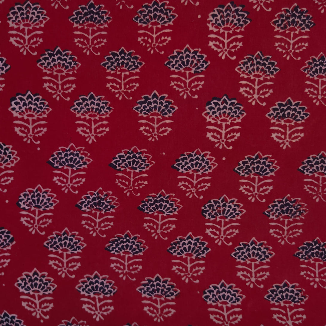 ( Pre-Cut 1.35 Meter ) Pure Cotton Dabu Red With Black Cream Flowers H – Sanskruti