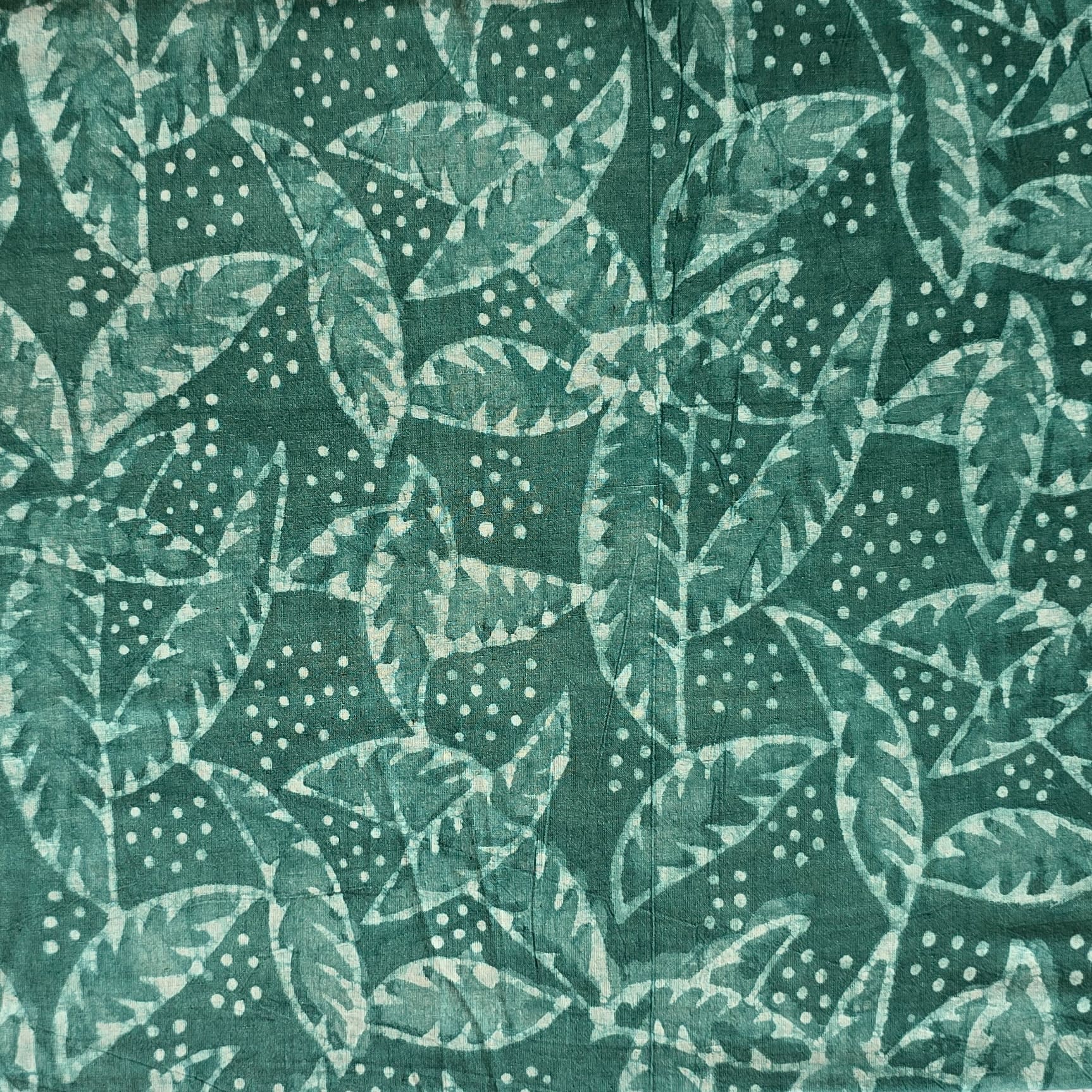 (PRE-CUT 0.80 METER) Pure Cotton Dabu Rust Green With White Leaves Han – Sanskruti