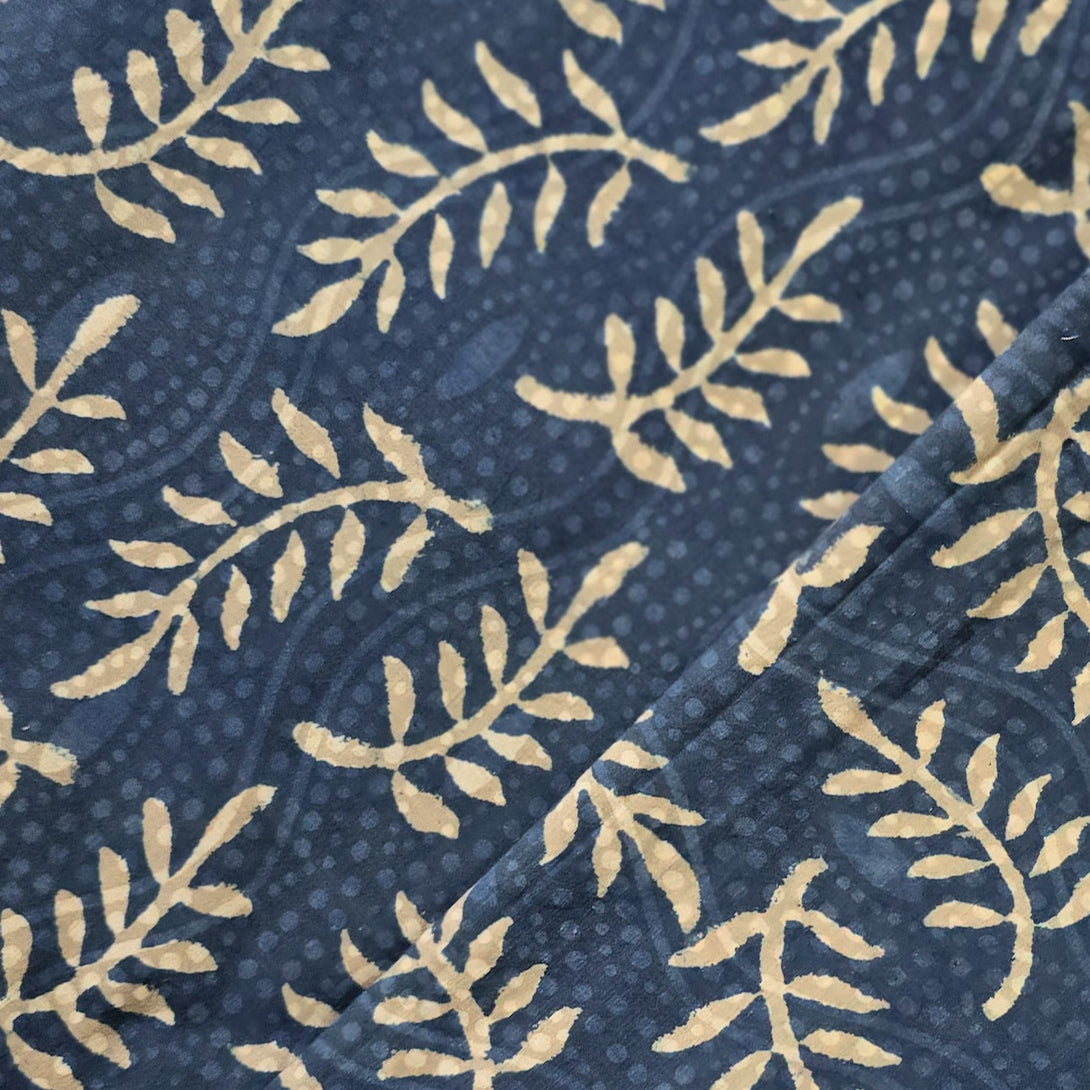 Pure Cotton Bagru With Blue And White Leaves Hand Block Print Fabric ...