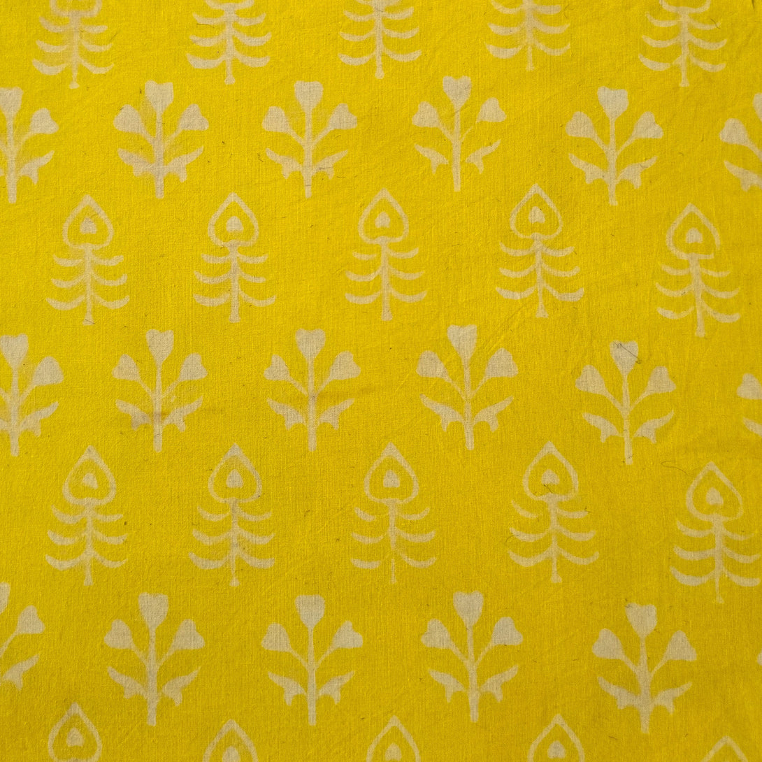 (PRE-CUT 1.95 METER) Pure Cotton Dabu Yellow Small Flower Motif Hand B ...