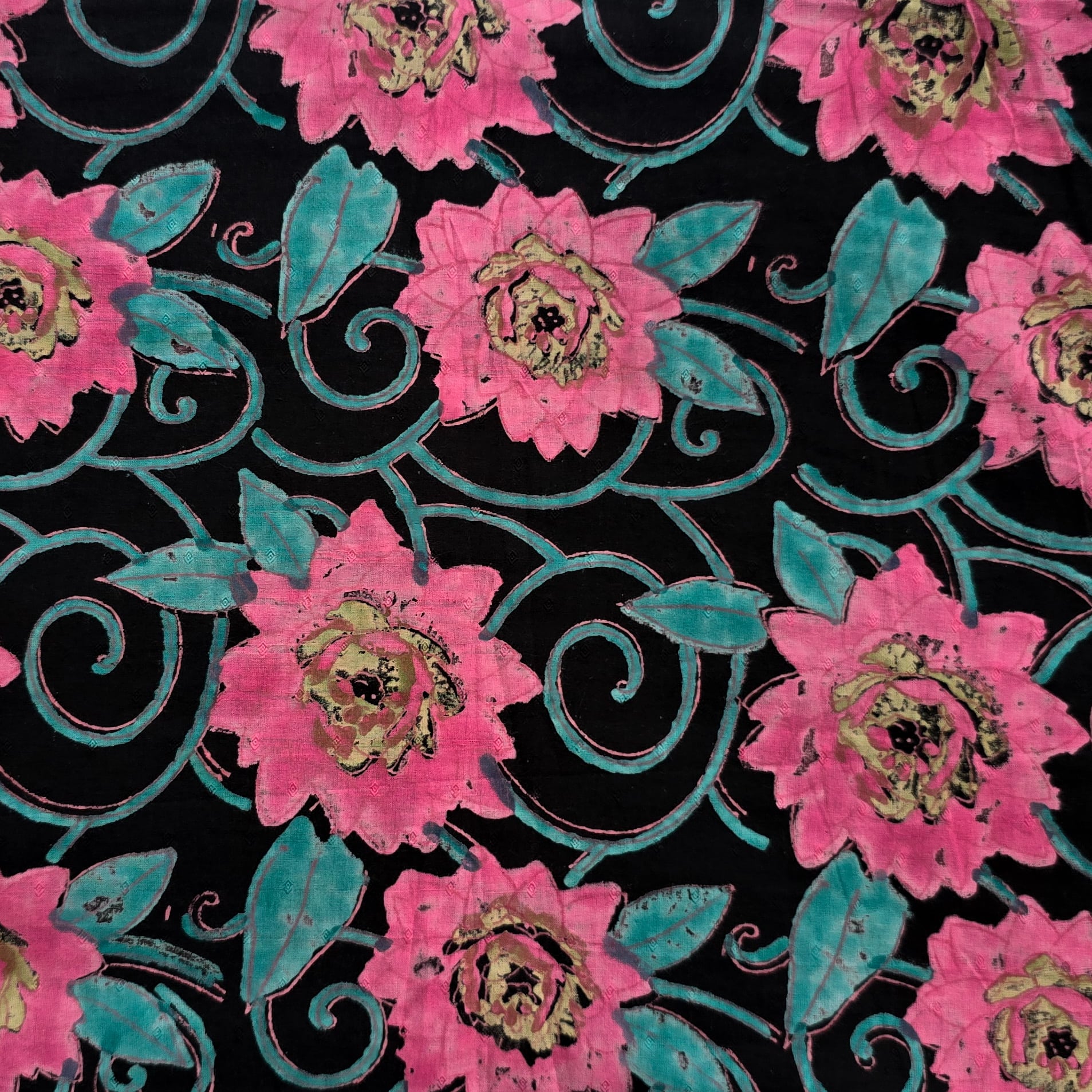 Pure Cotton Discharge Doby Black With Pink Big Rose Flower Jaal Hand B ...