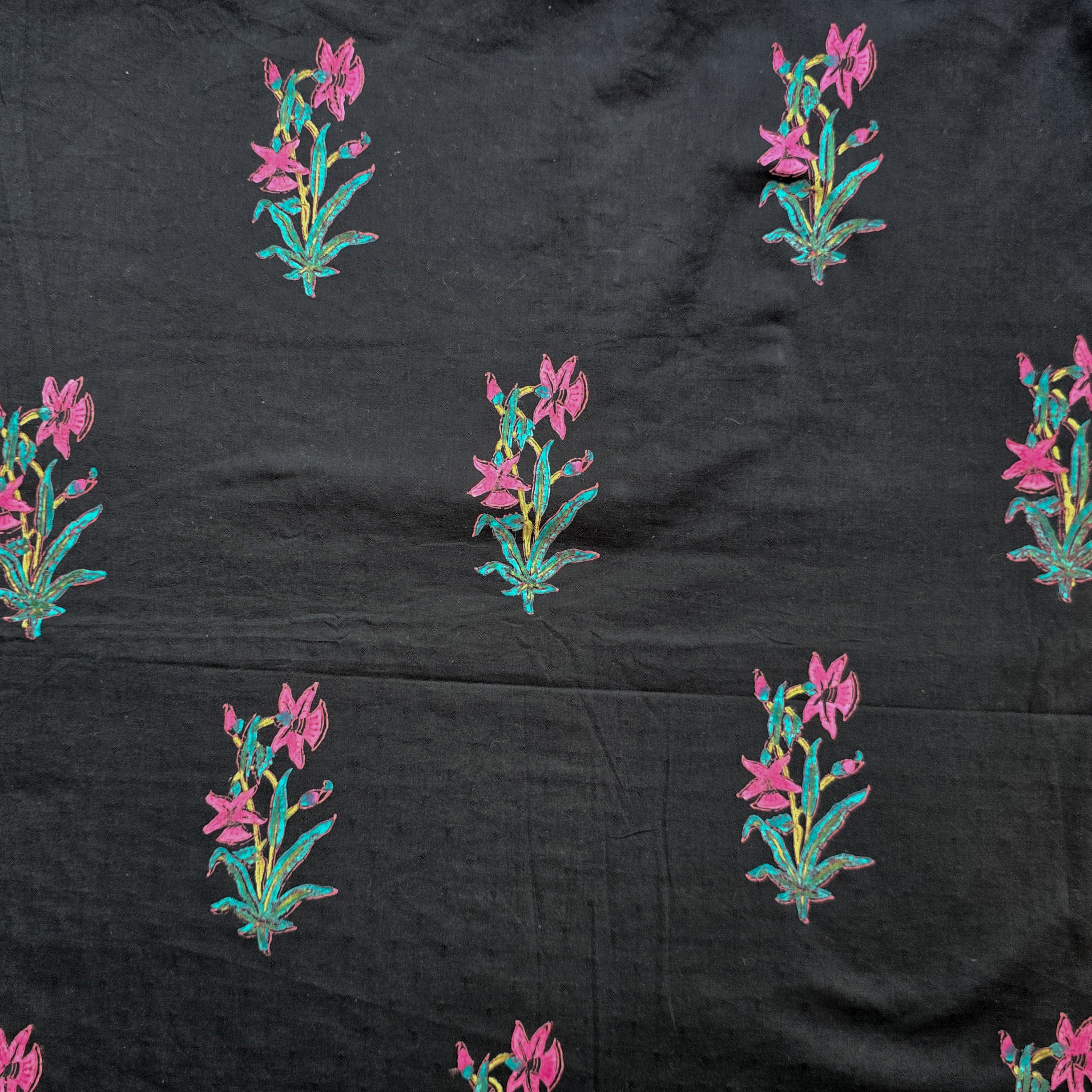 Pure Cotton Discharge Doby Black With Pink Flower Plant Motif Hand Blo ...