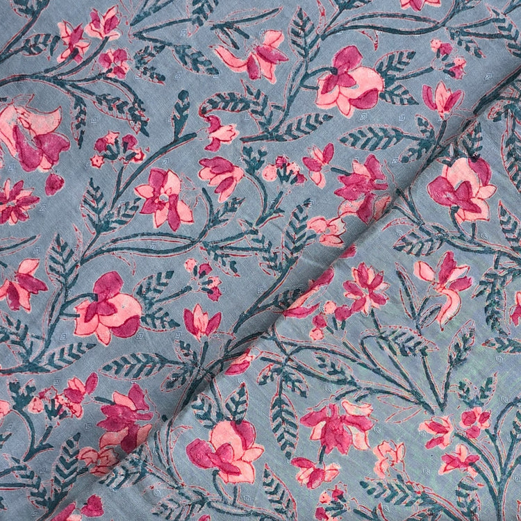 Pure Cotton Discharge Doby Blue With Pink Flower Jaal Hand Block Print ...
