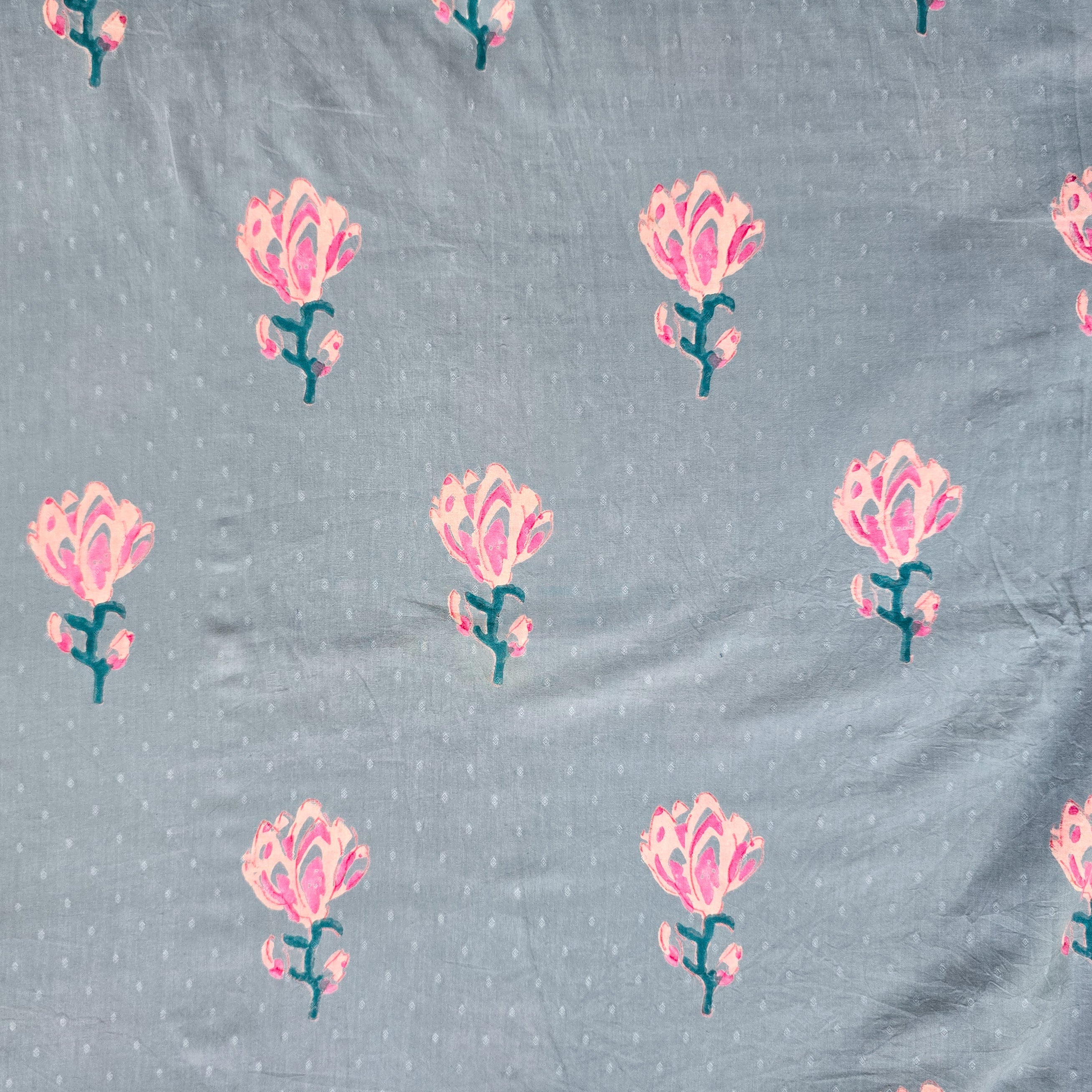 Pure Cotton Discharge Doby Blue With Pink Flower Motif Block Print Fab ...