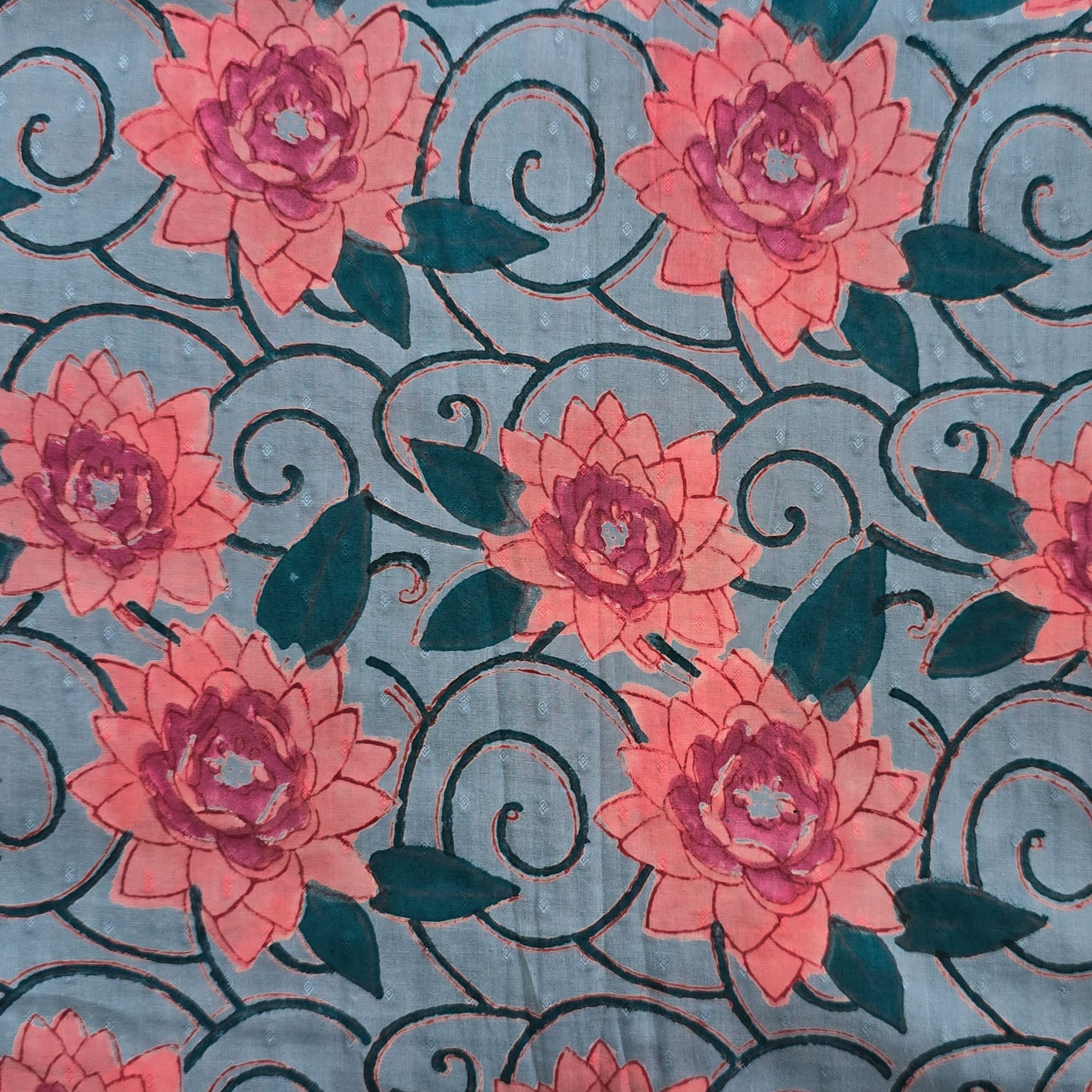 Pure Cotton Discharge Doby Blue With Shades Of Pink Big Rose Flower Ja ...