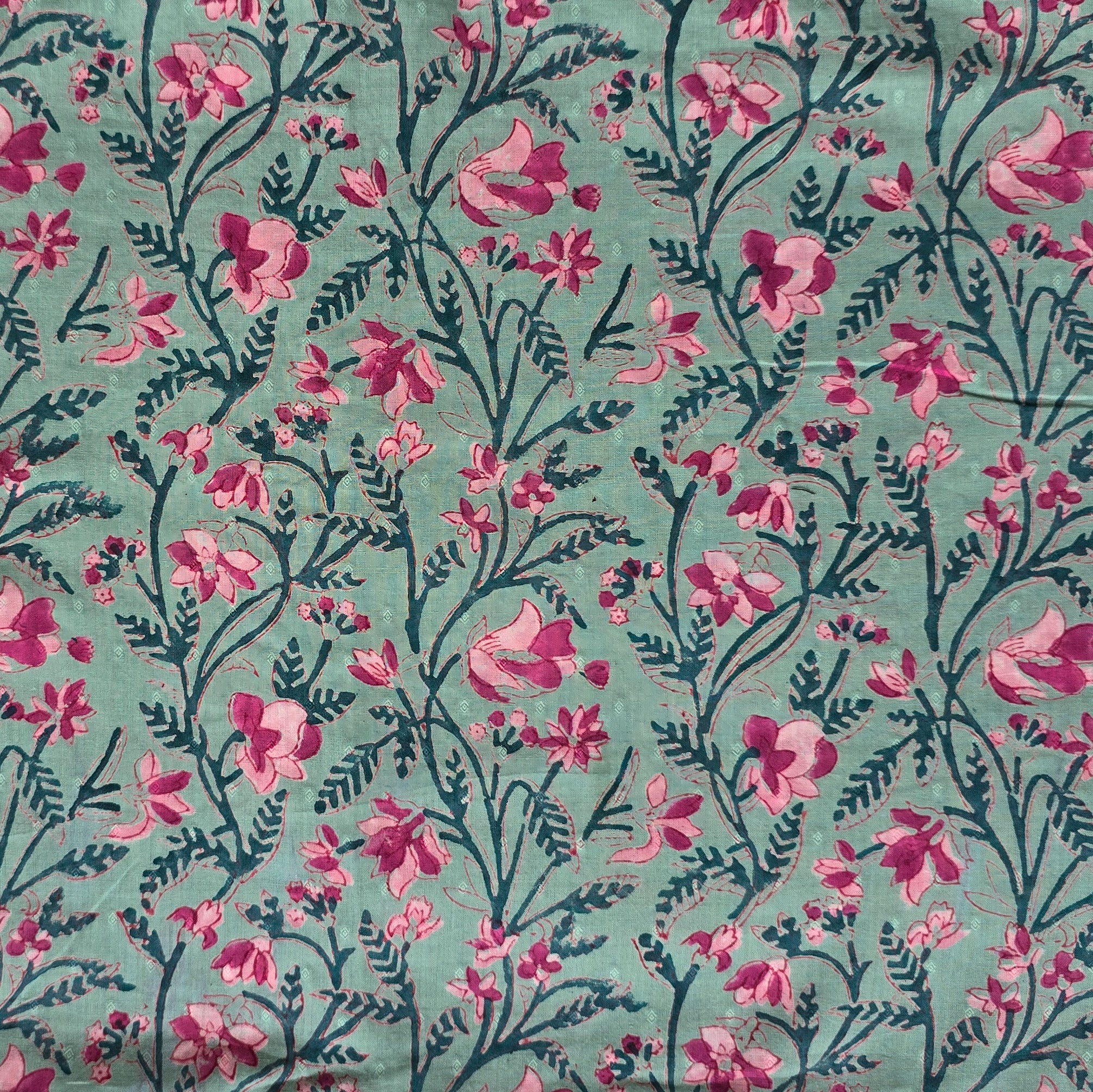 Pure Cotton Discharge Doby Sea Green With Pink Flower Jaal Hand Block ...