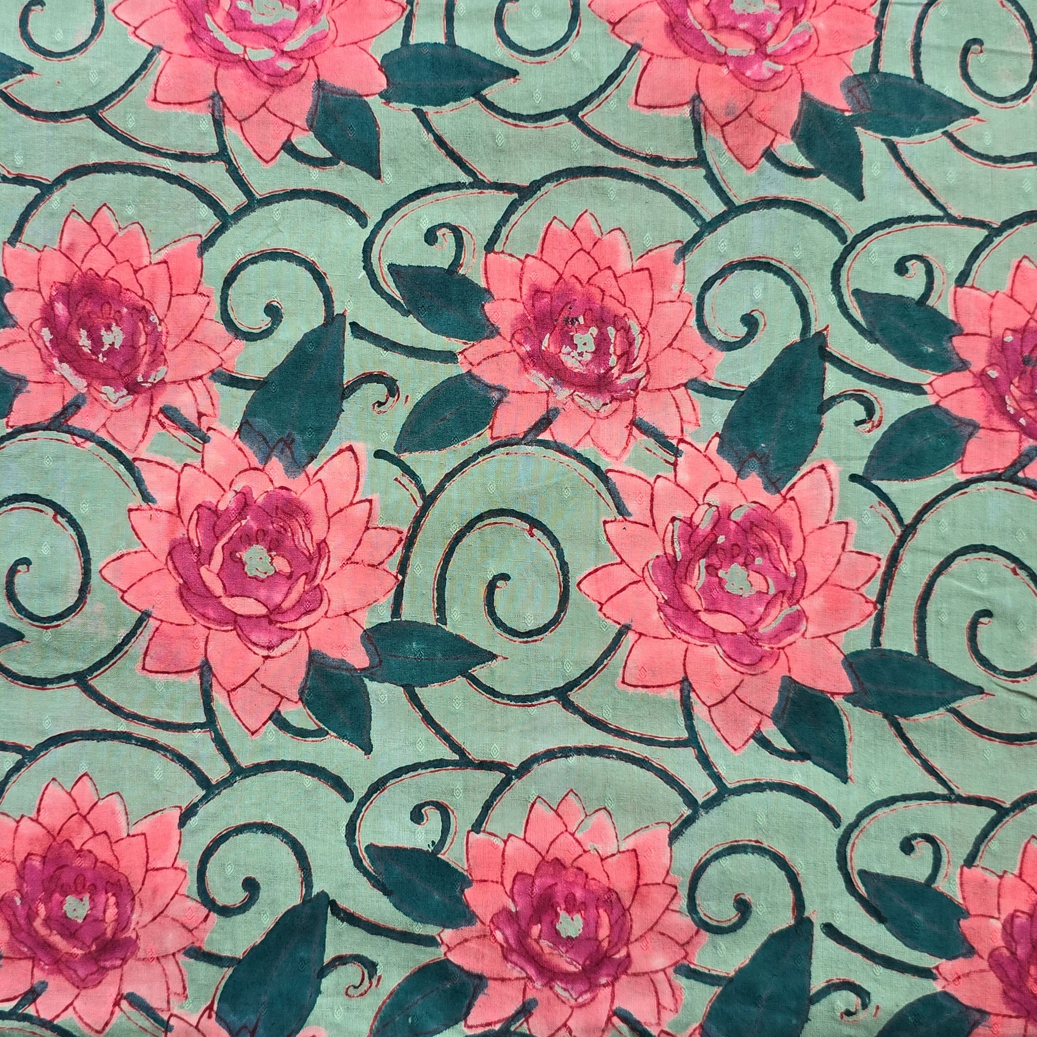 Pure Cotton Discharge Doby Sea Green With Shades Of Pink Big Rose Flow ...