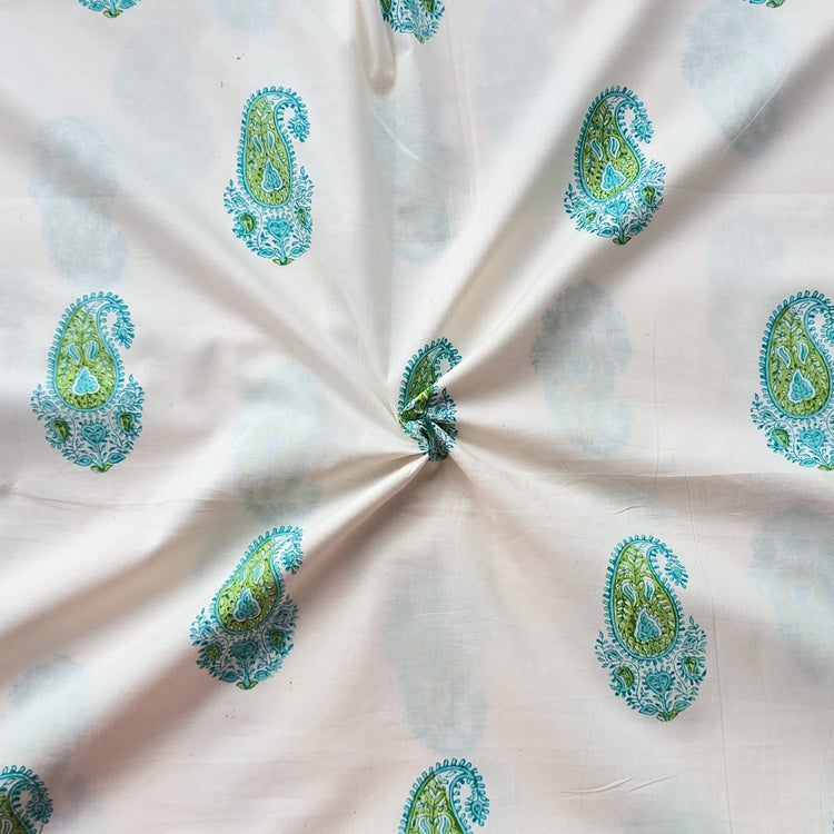 Pure Cotton Discharge Off White With Green Kairi Hand Block Print Fabr ...