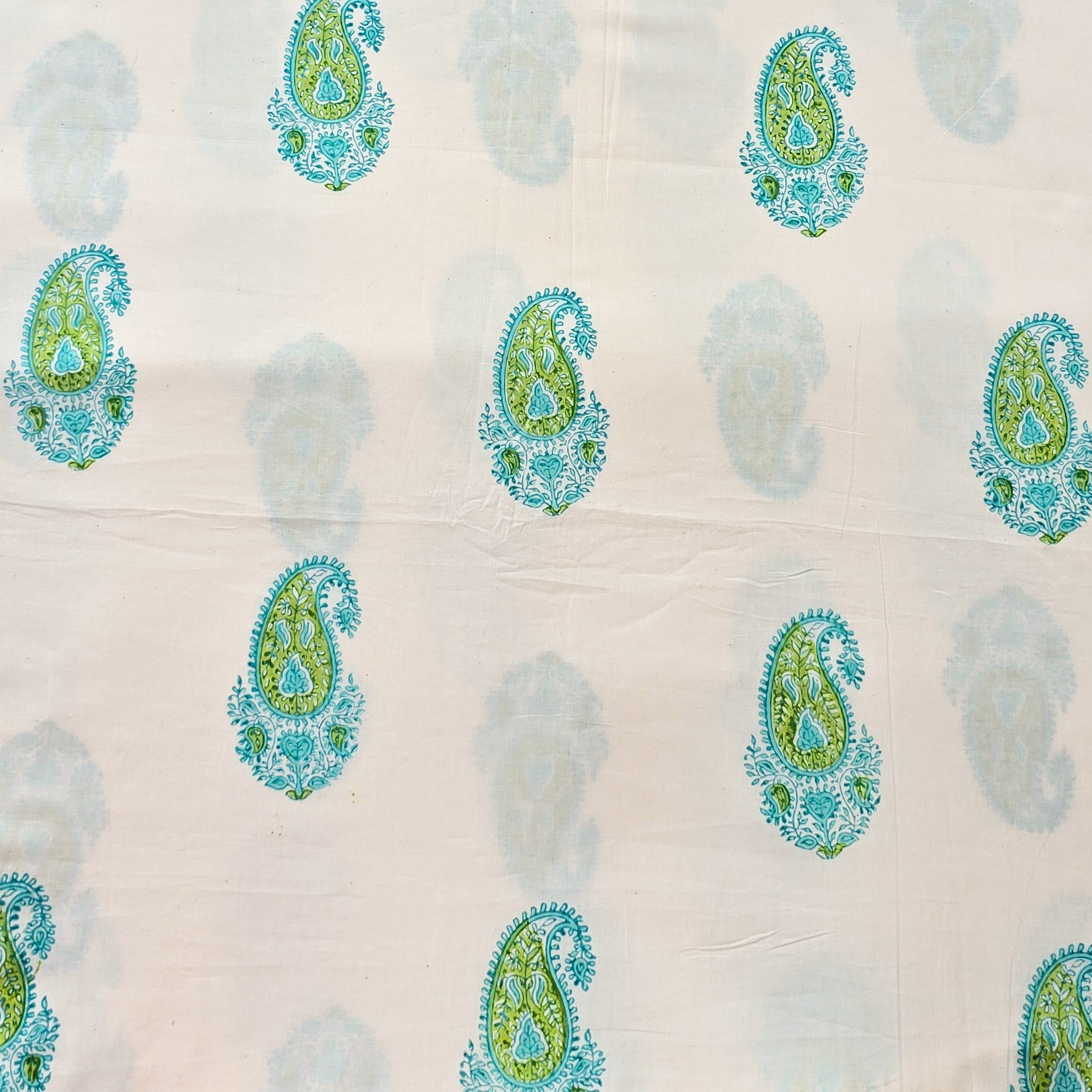 Pure Cotton Discharge Off White With Green Kairi Hand Block Print Fabr ...