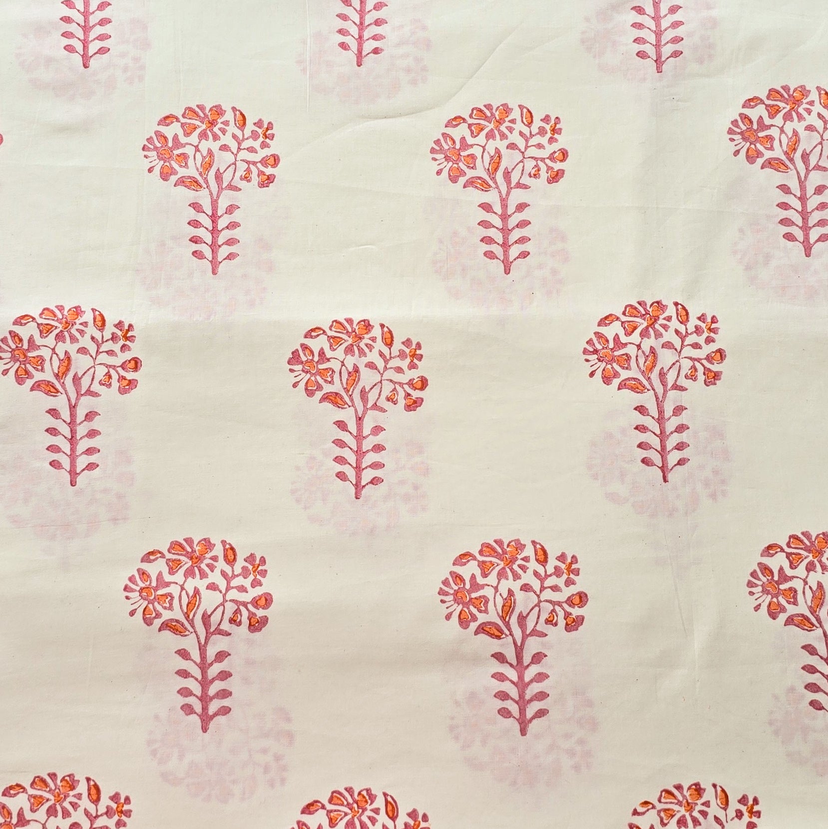 Pure Cotton Discharge Off White With Pink Tree Hand Block Print Fabric ...