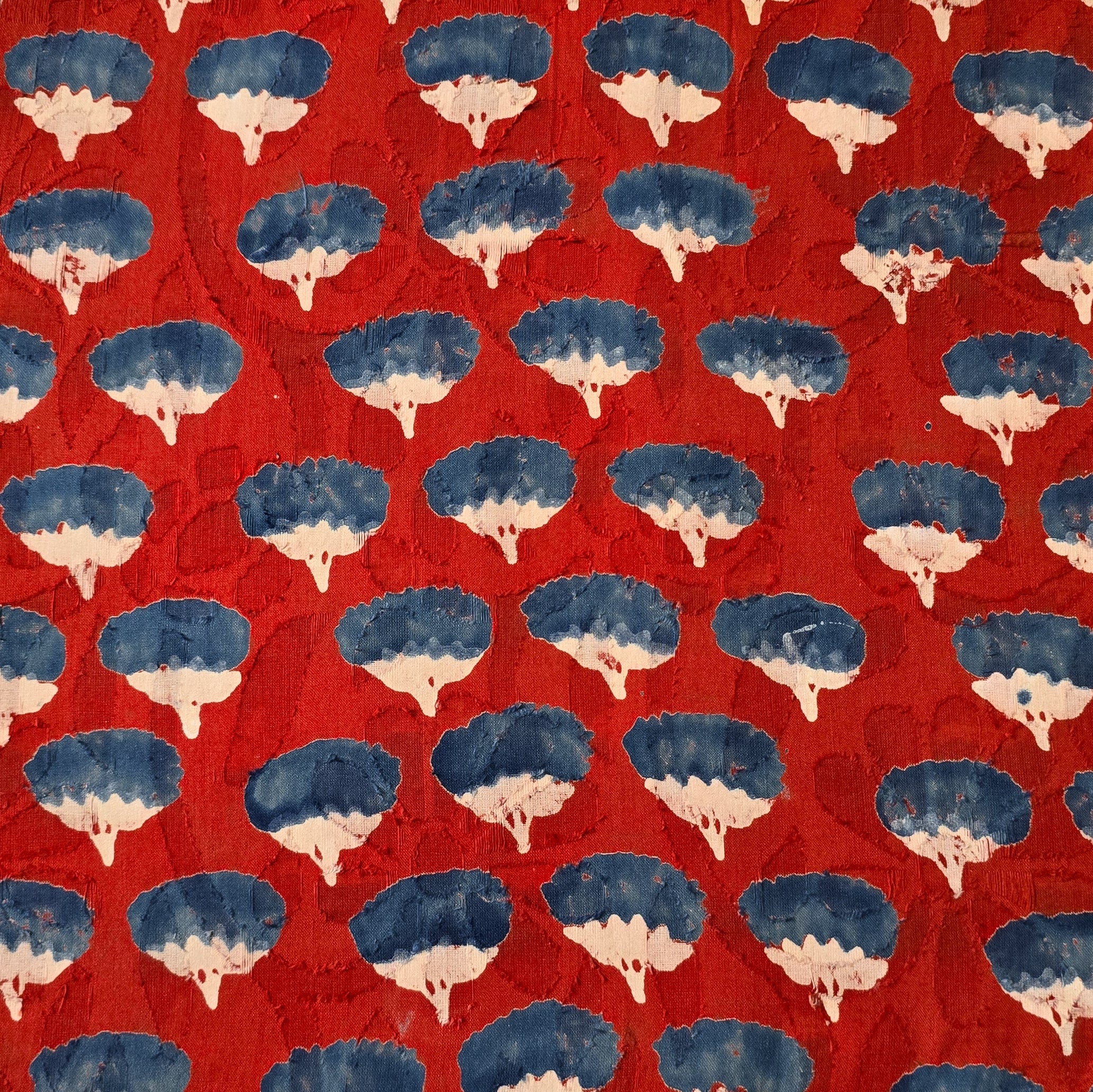 Pure Cotton Doby Dabu Red With Blue Flower Motif Hand Block Print Fabr ...