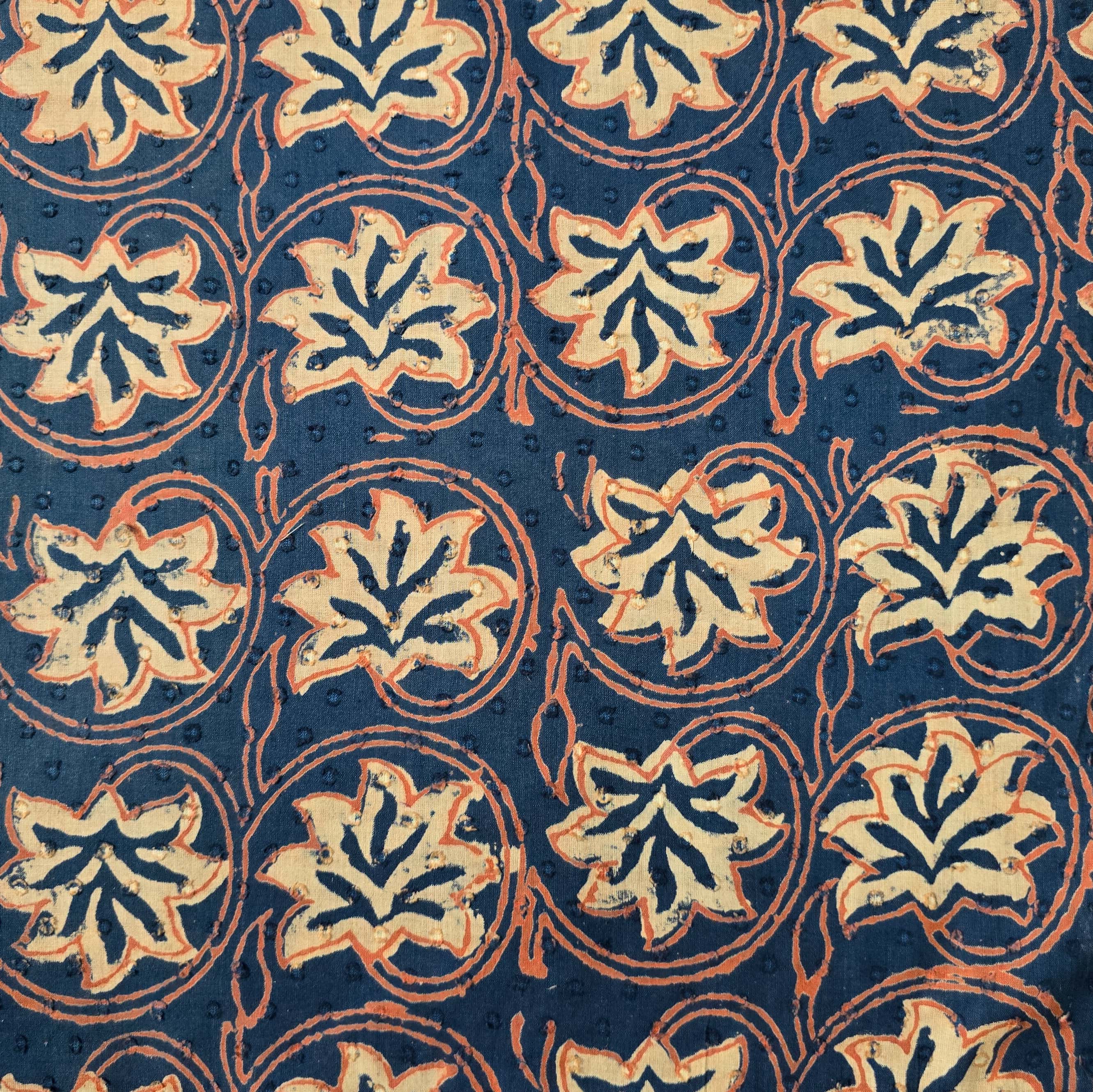 Pure Cotton Doby Dabu Blue With Cream Flowers Jaal Hand Block Print Fa ...
