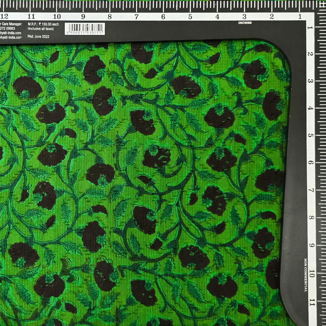 Pure Cotton Doby Dabu Dark Green With Black Flower Jaal Hand Block Pri – Sanskruti