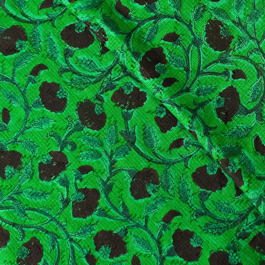 Pure Cotton Doby Dabu Dark Green With Black Flower Jaal Hand Block Pri – Sanskruti